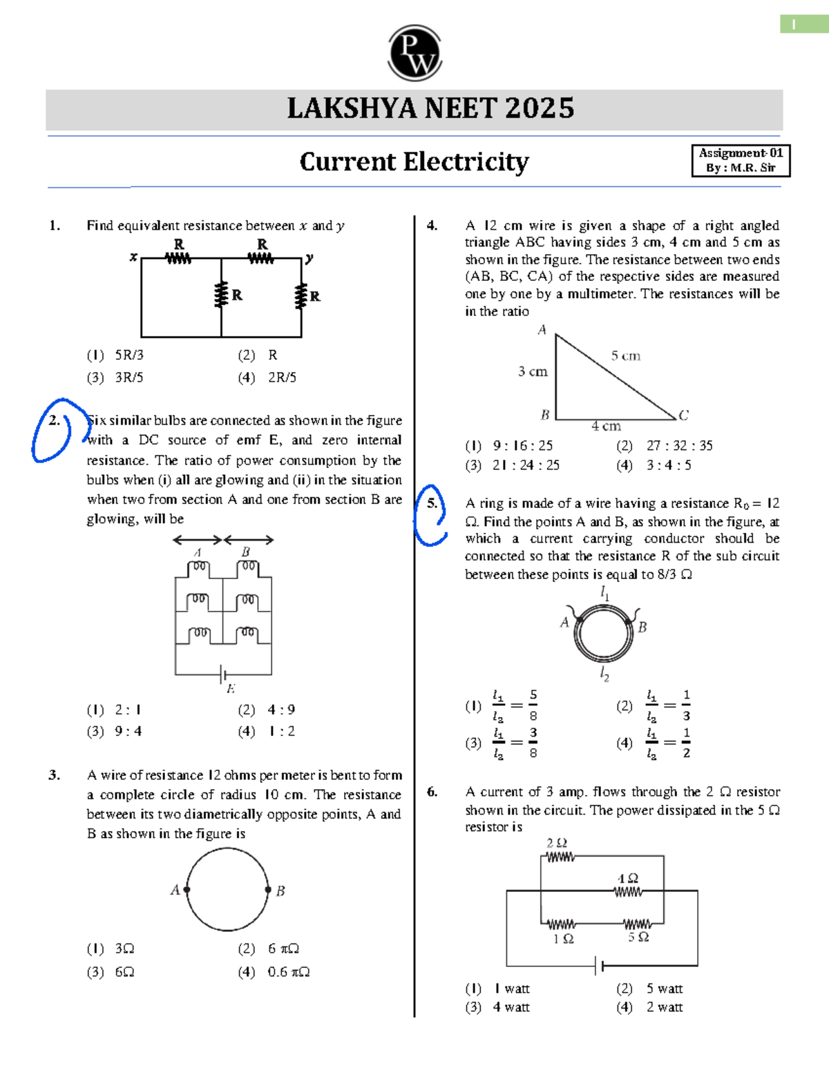 Current Electricity Assignment 01 Lakshya NEET 2025 - LAKSHYA NEET 2025 Current Electricity 1 ...