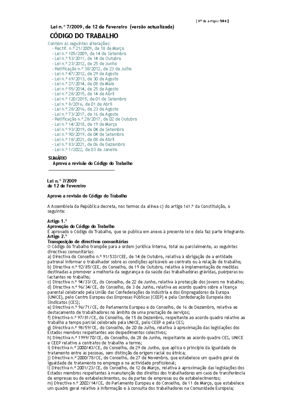 Ct - casos - [ Nº de artigos: 584 ] Lei n.º 7/2009, de 12 de Fevereiro ...