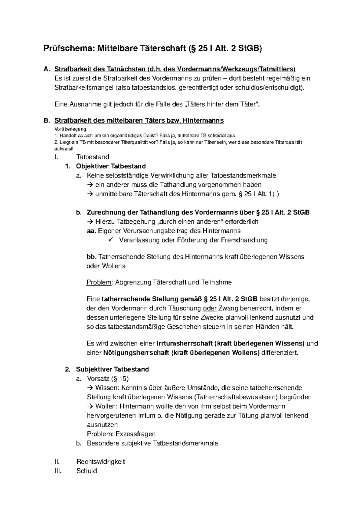 Prüfschema-mittelbare TS Strafrecht II - Prüfschema: Mittelbare ...
