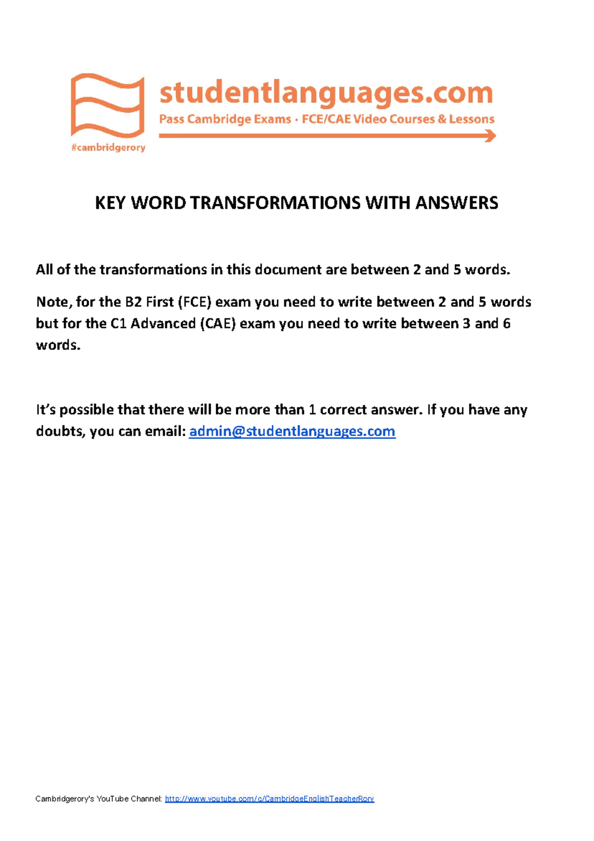227 Key Word Transformations with Answers - KEY WORD TRANSFORMATIONS ...