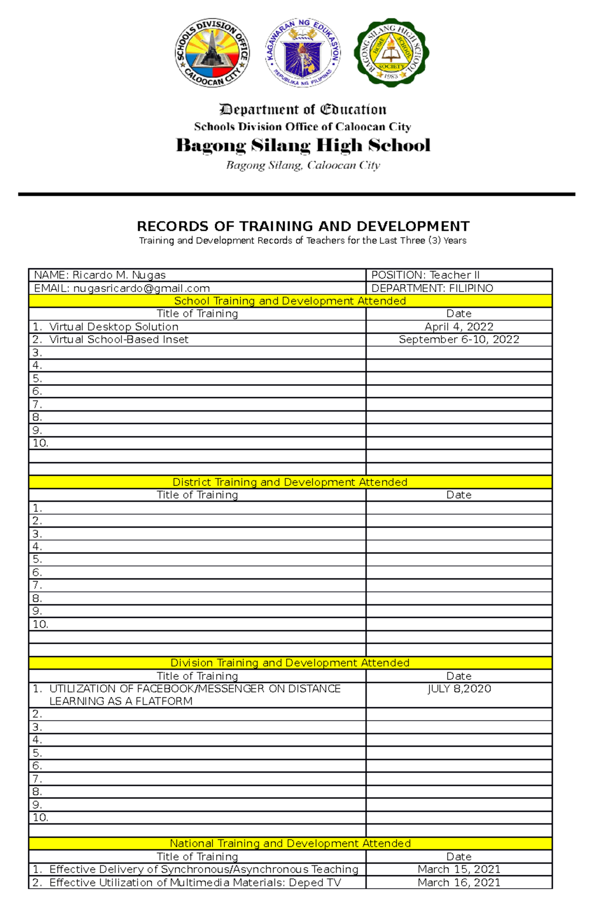 Nugas, Ricardo M - upload - RECORDS OF TRAINING AND DEVELOPMENT ...