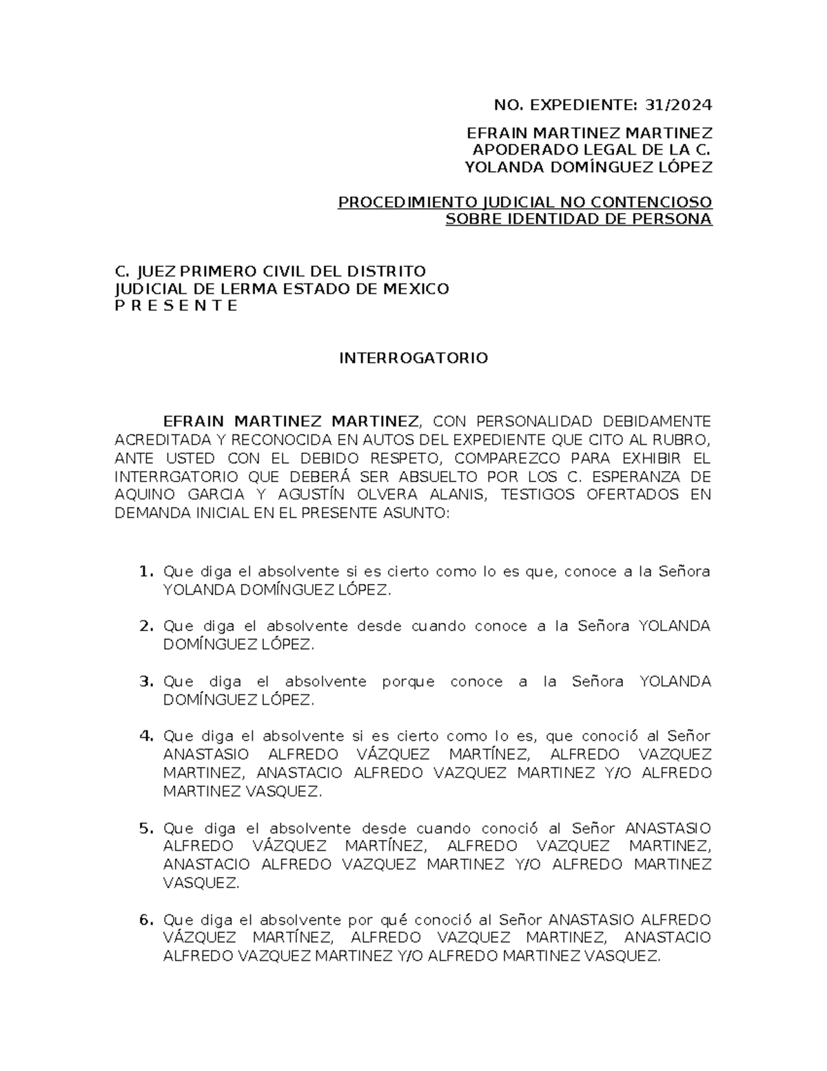 Interrogatorio Testigos declaracion identidad SRA. Yolanda - NO ...