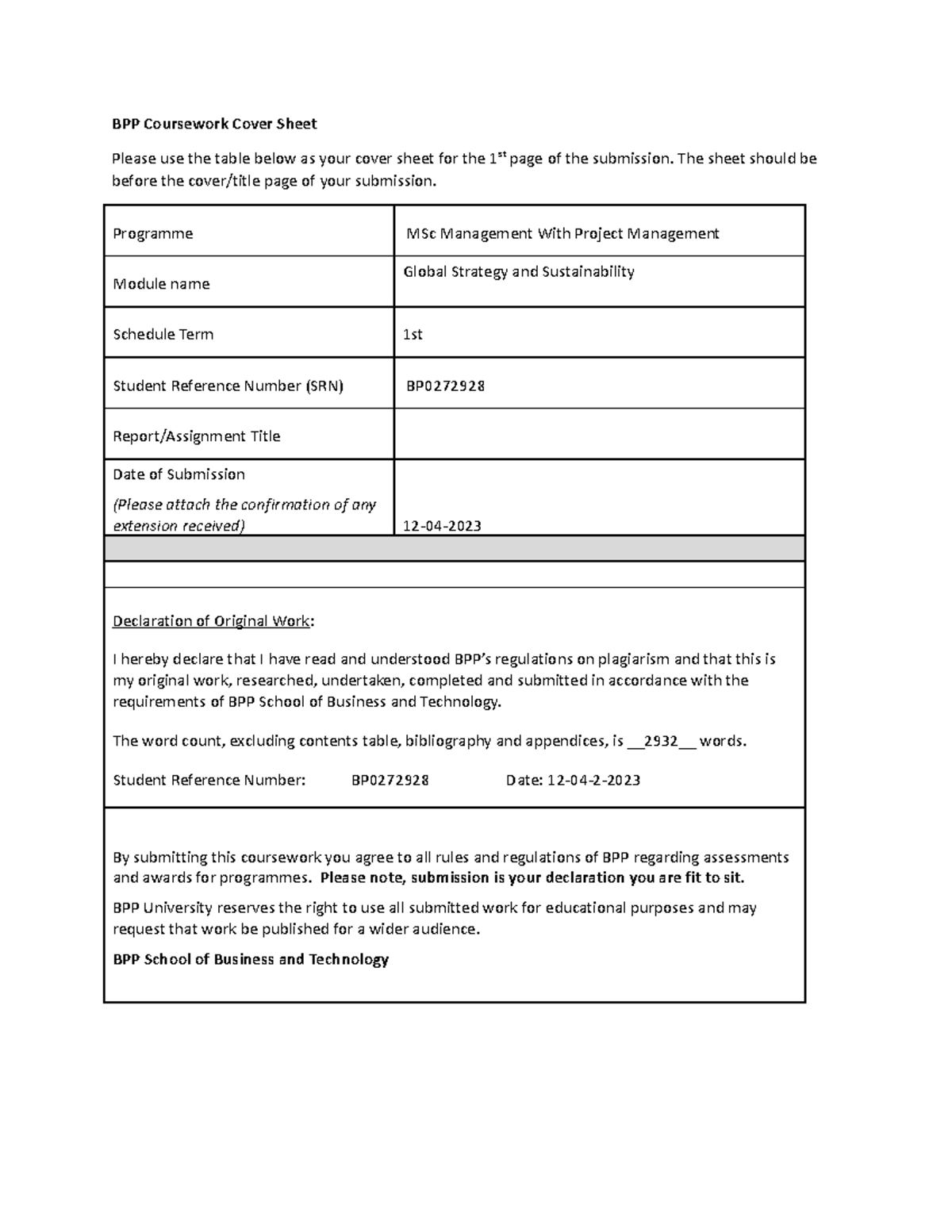 ZARA-2 - Zara strategy - BPP Coursework Cover Sheet Please use the table below as your cover ...