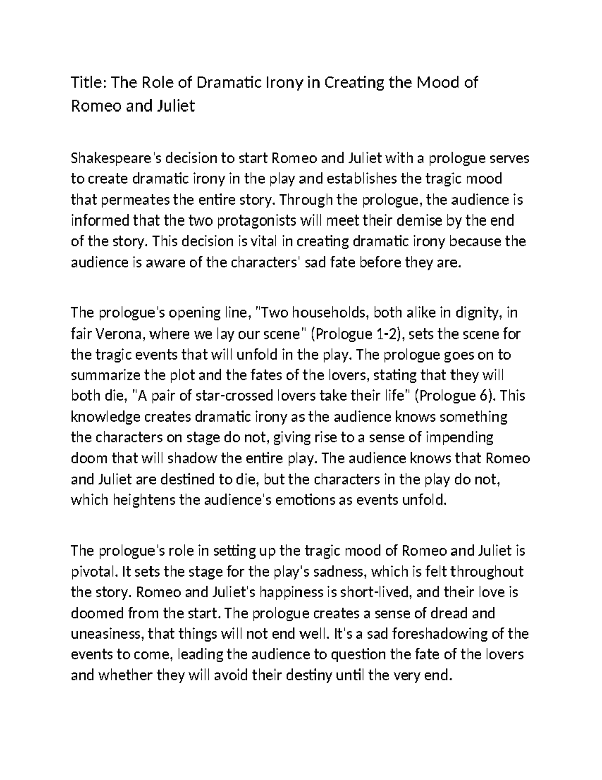 Romeo and Juliet brief summary - Title: The Role of Dramatic Irony in ...