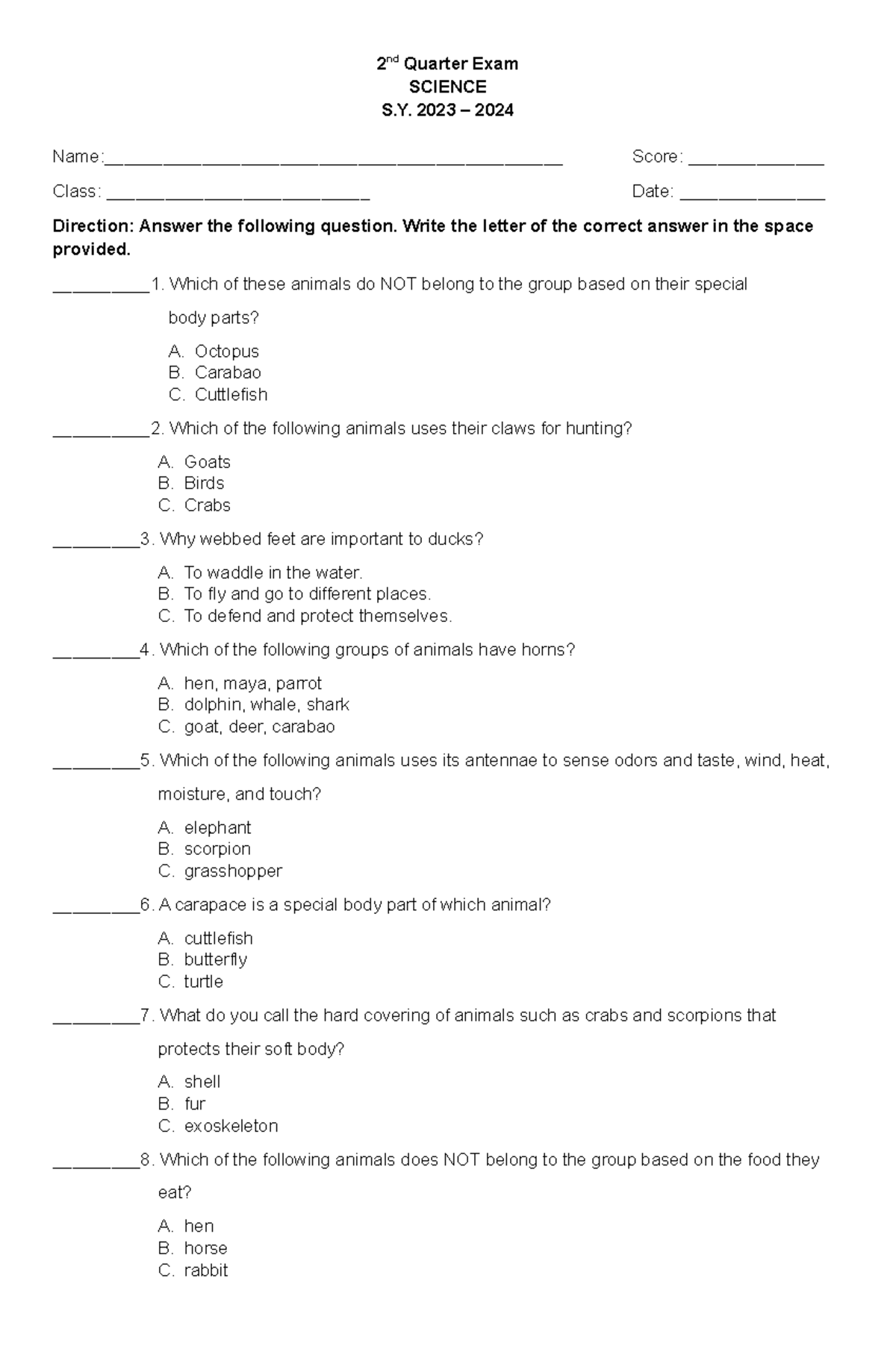 Science 1 - 2 nd Quarter Exam SCIENCE S. 2023 – 2024 - Studocu