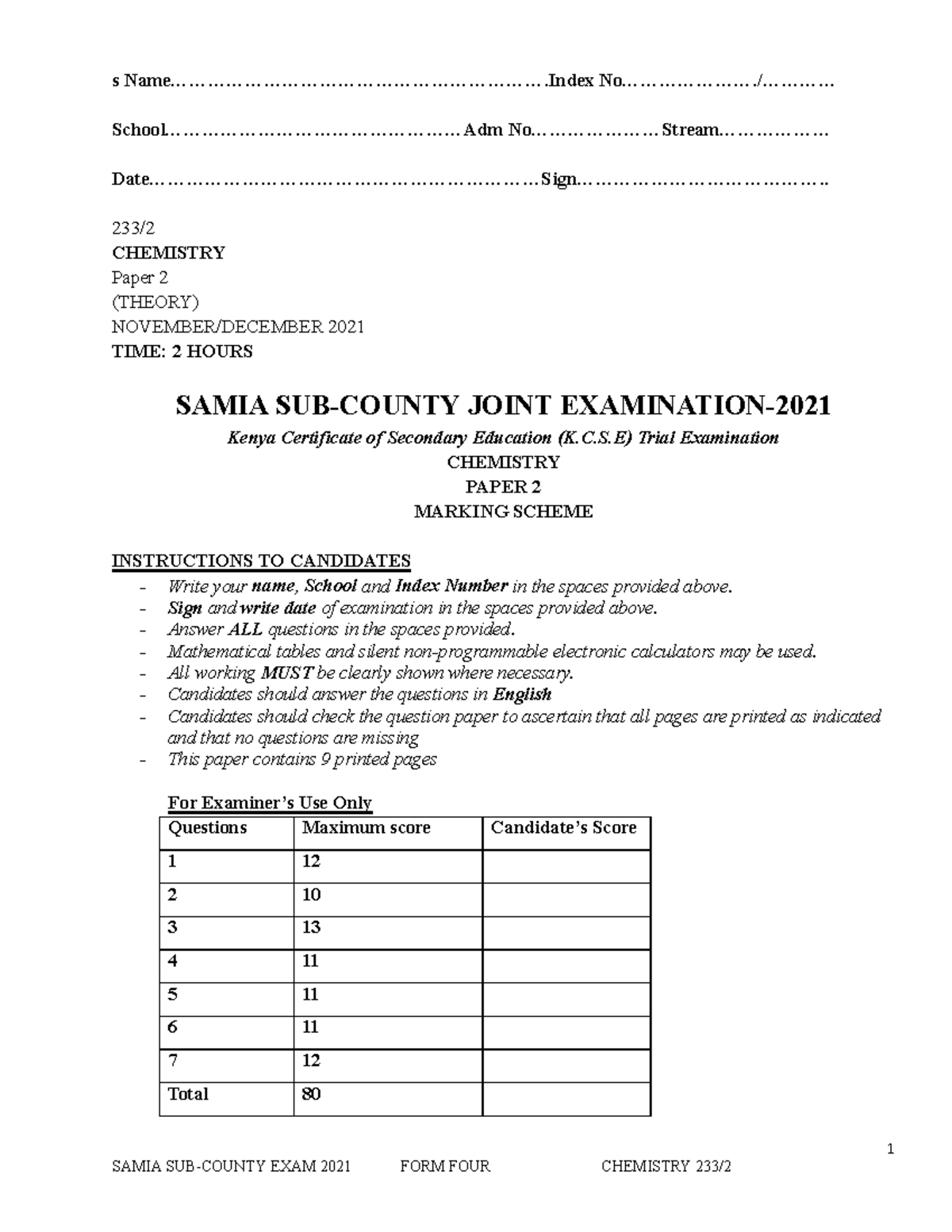2022 Samia MOCK Chemistry PP2 MS 1 - 1 s - Studocu