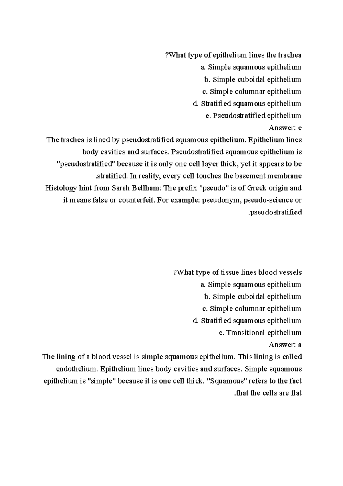 Histology mcq 9 - ?What type of epithelium lines the trachea a. Simple ...