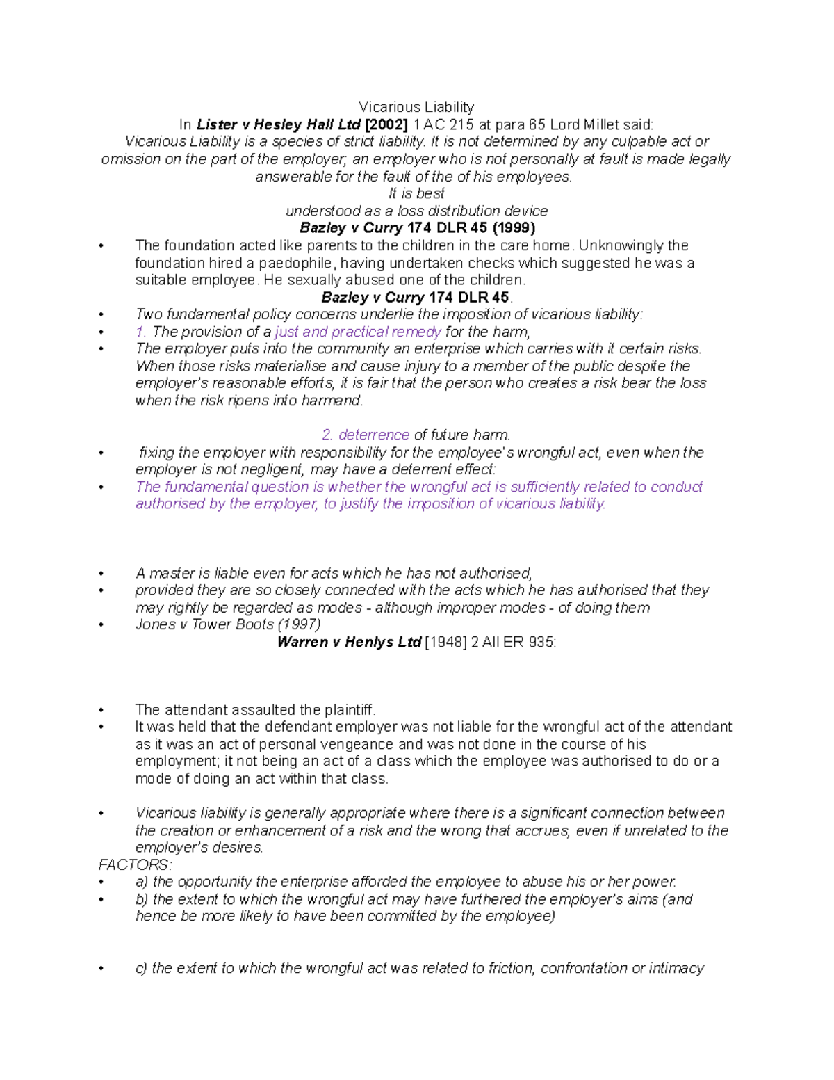 Vicarious Liability Notes - Vicarious Liability In Lister v Hesley Hall ...