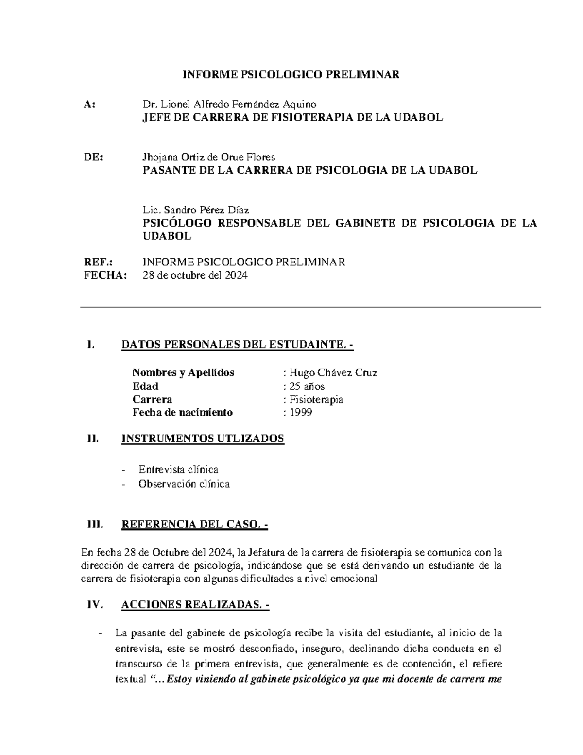 Informe Psicologico Preliminar Final Udabol, caso Hugo (1 - INFORME ...