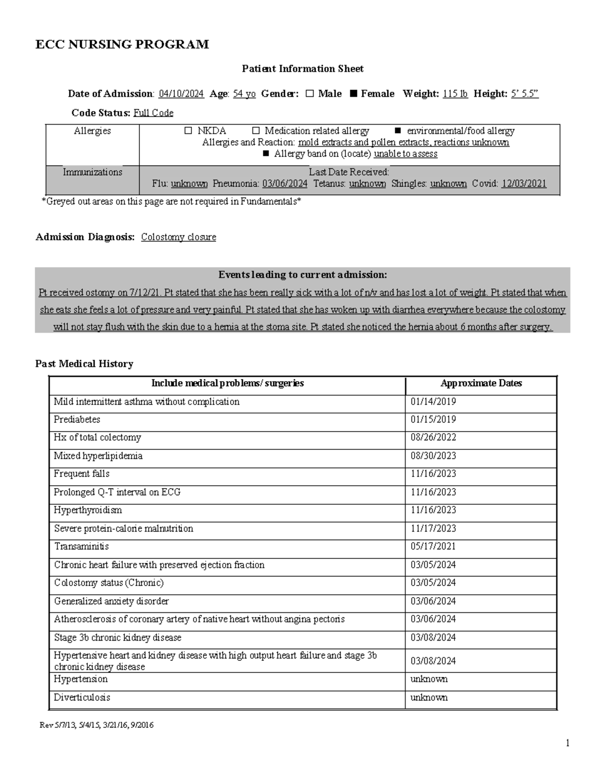 Week 7 Careplan - ECC NURSING PROGRAM Patient Information Sheet Date of ...