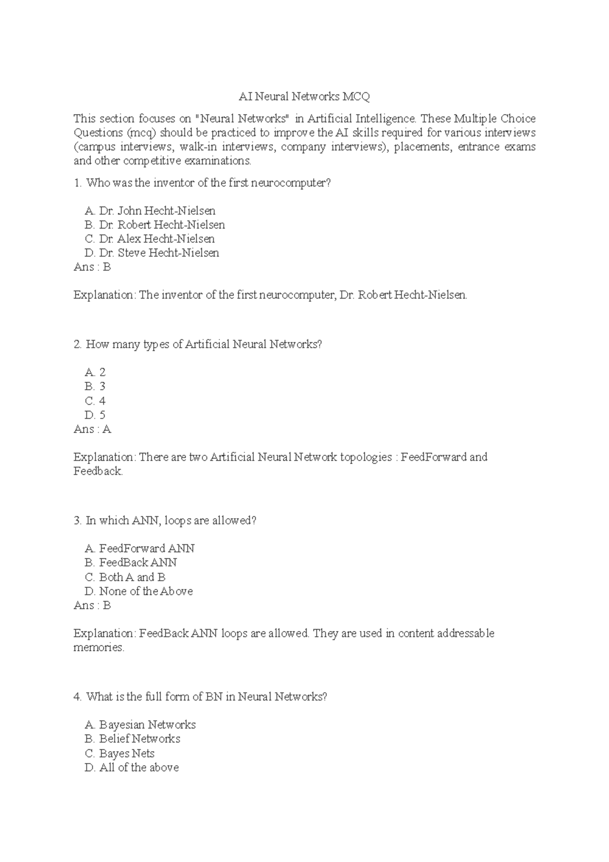 MCQ-ANN - ANN Quiz - AI Neural Networks MCQ This section focuses on "Neural Networks" in - Studocu