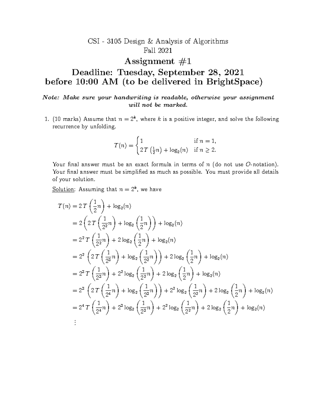 SA1 - A1 ans - CSI - 3105 Design & Analysis of Algorithms Fall 2021 Assignment Deadline: - Studocu