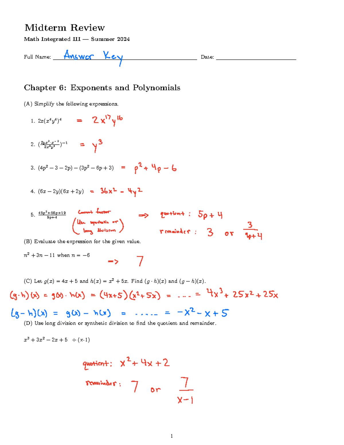 Midterm Review Solutions - Midterm Review Math Integrated III — Summer ...