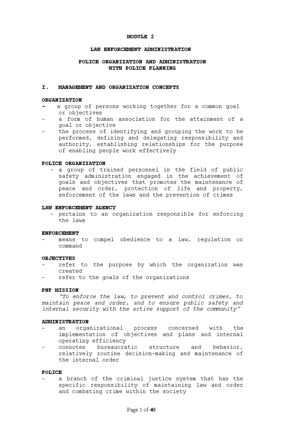 Police Organization AND Administration - Page 1 of 40 MODULE 2 LAW ...