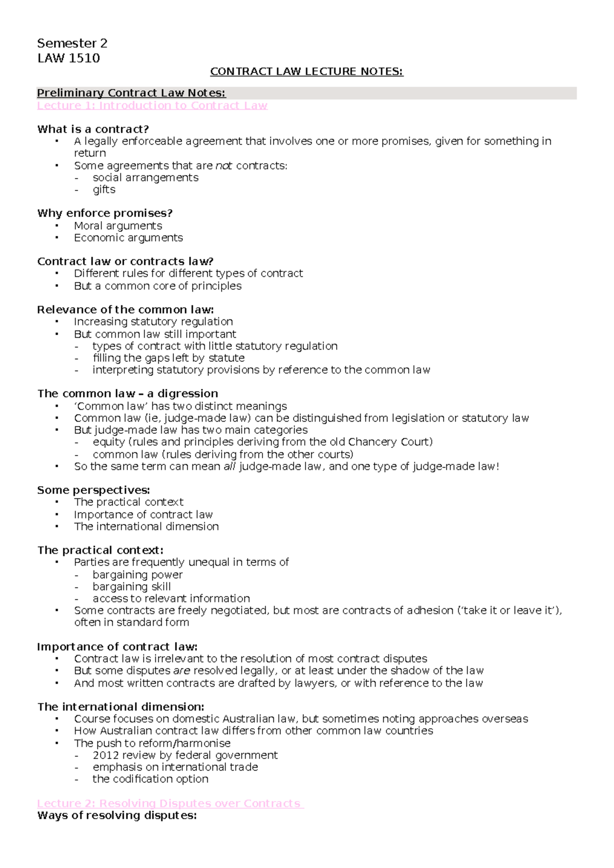 Contract Law Exam Notes - LAW 1510 CONTRACT LAW LECTURE NOTES ...