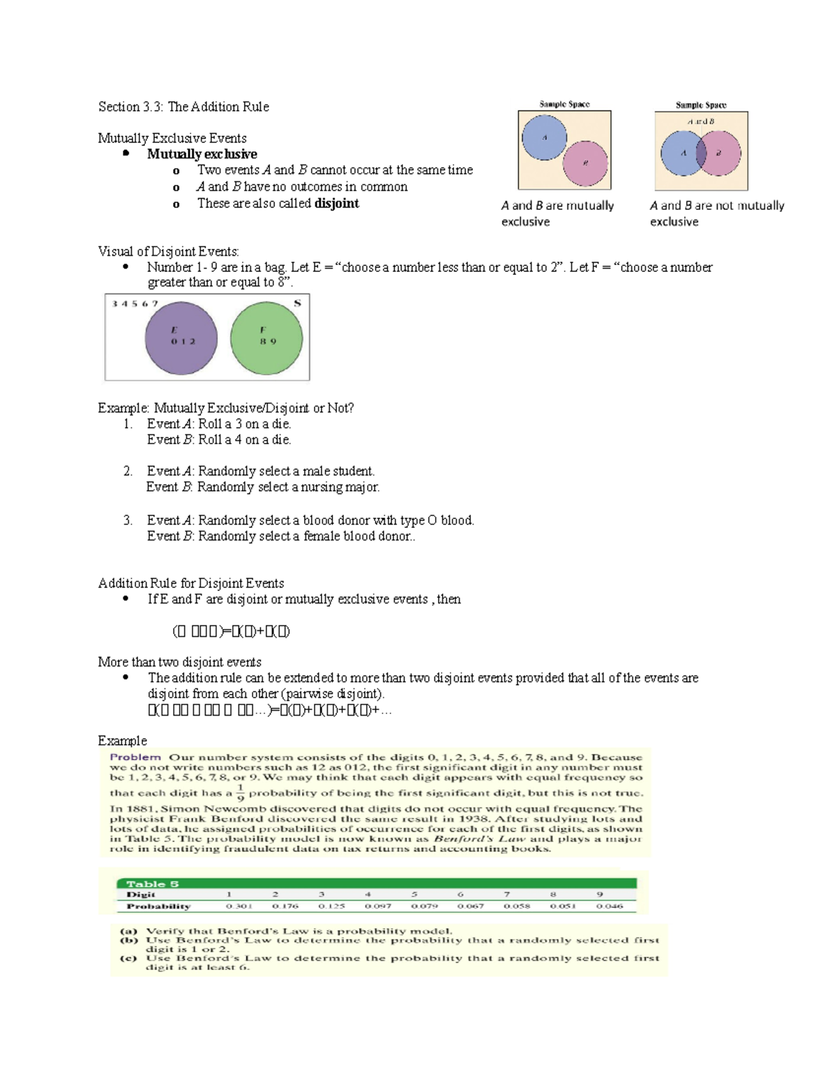 Section 3.3 notes - Section 3: The Addition Rule Mutually Exclusive ...
