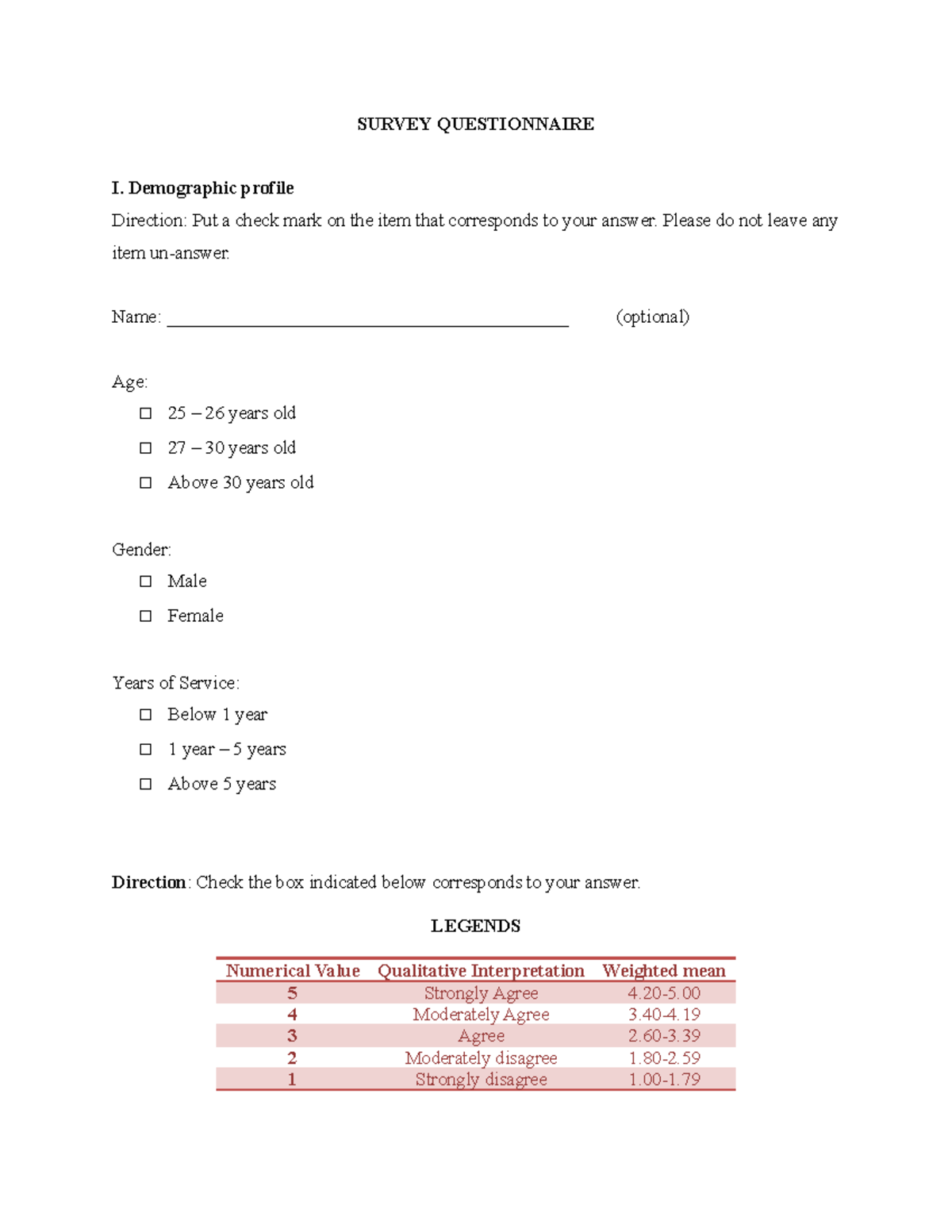 ALI - Survey Questionnaire - SURVEY QUESTIONNAIRE I. Demographic ...