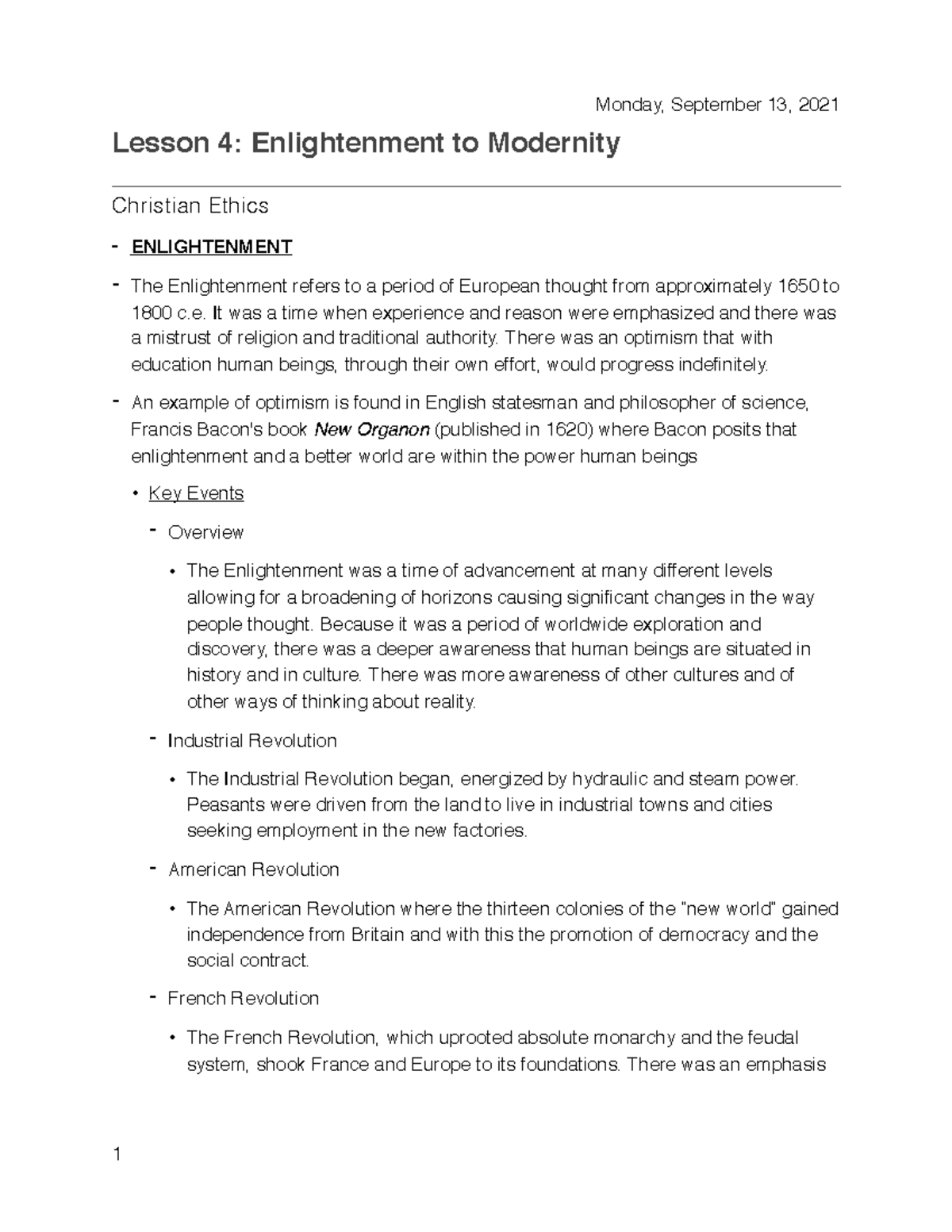 Lesson 4: Enlightenment to Modernity - Lesson 4: Enlightenment to ...