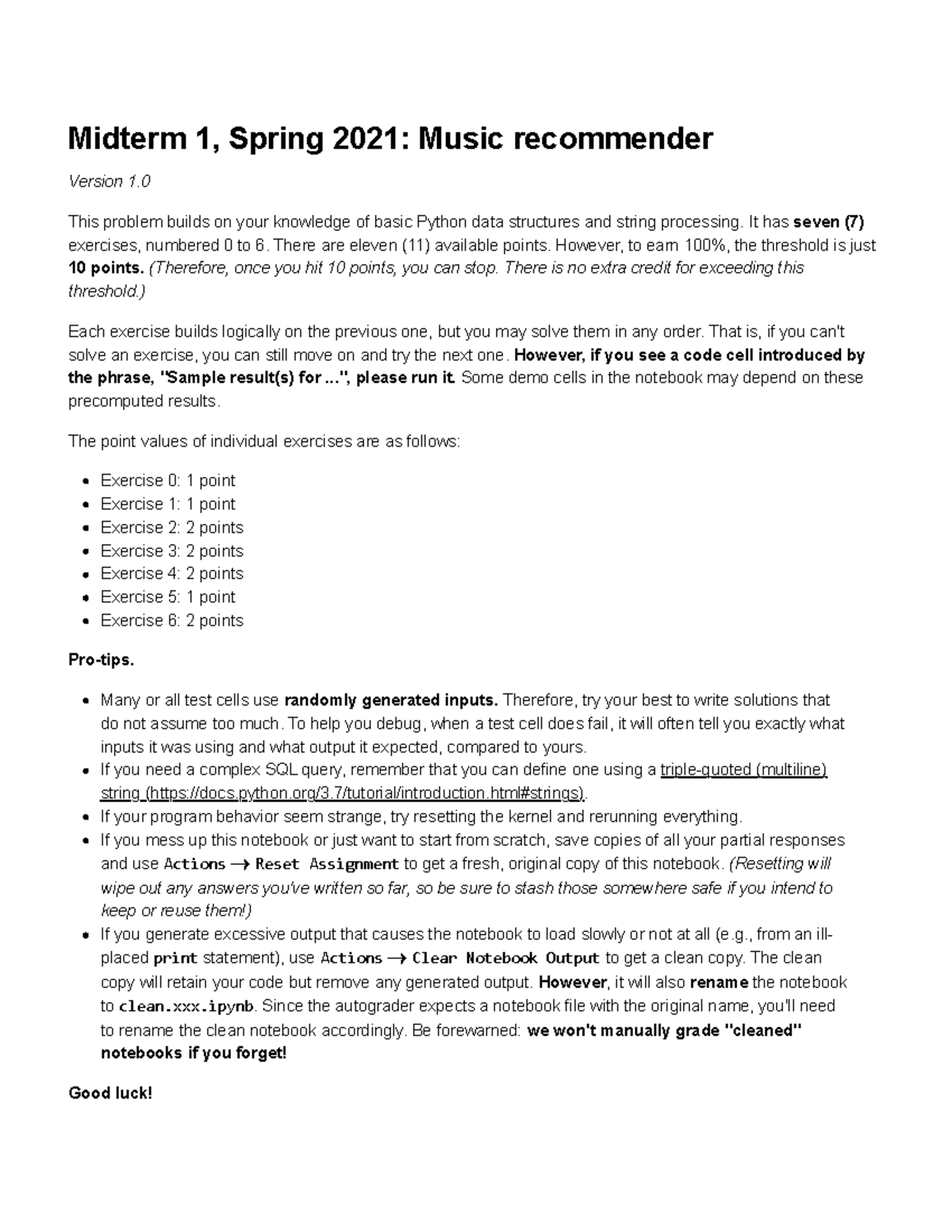 Midterm 1 Spring 2021 Music recommender - Midterm 1, Spring 2021: Music recommender Version 1 ...
