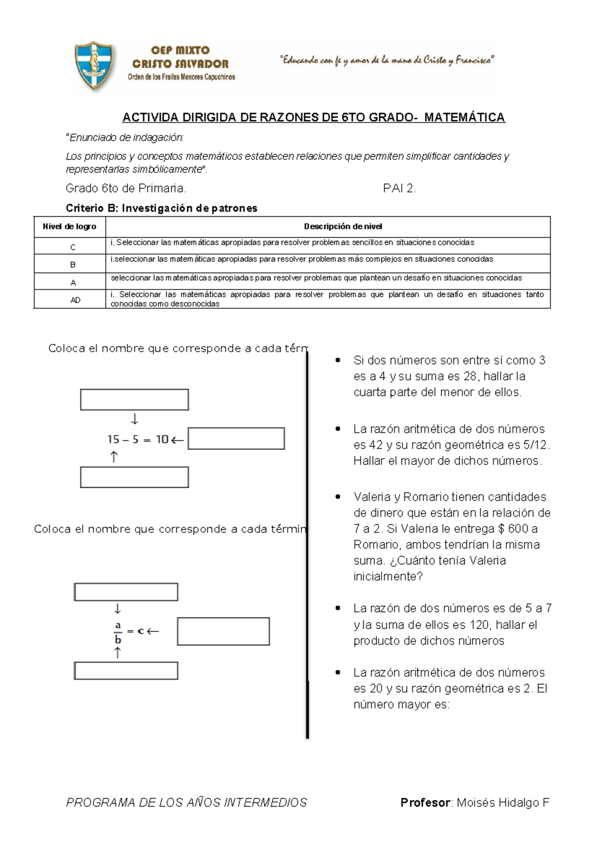 Actividad DE Razones - ACTIVIDA DIRIGIDA DE RAZONES DE 6TO GRADO ...