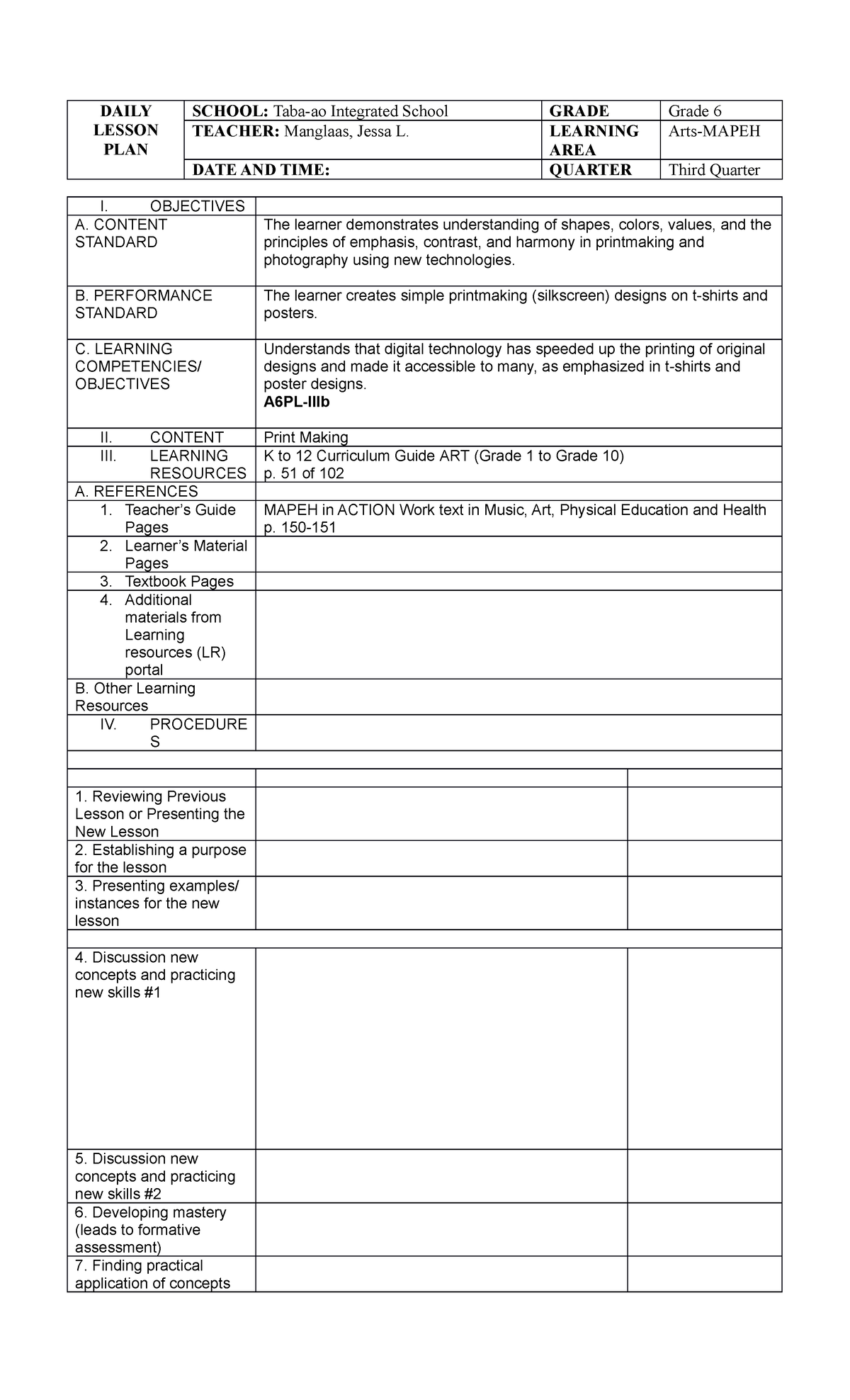 English - lesson plan - DAILY LESSON PLAN SCHOOL: Taba-ao Integrated ...