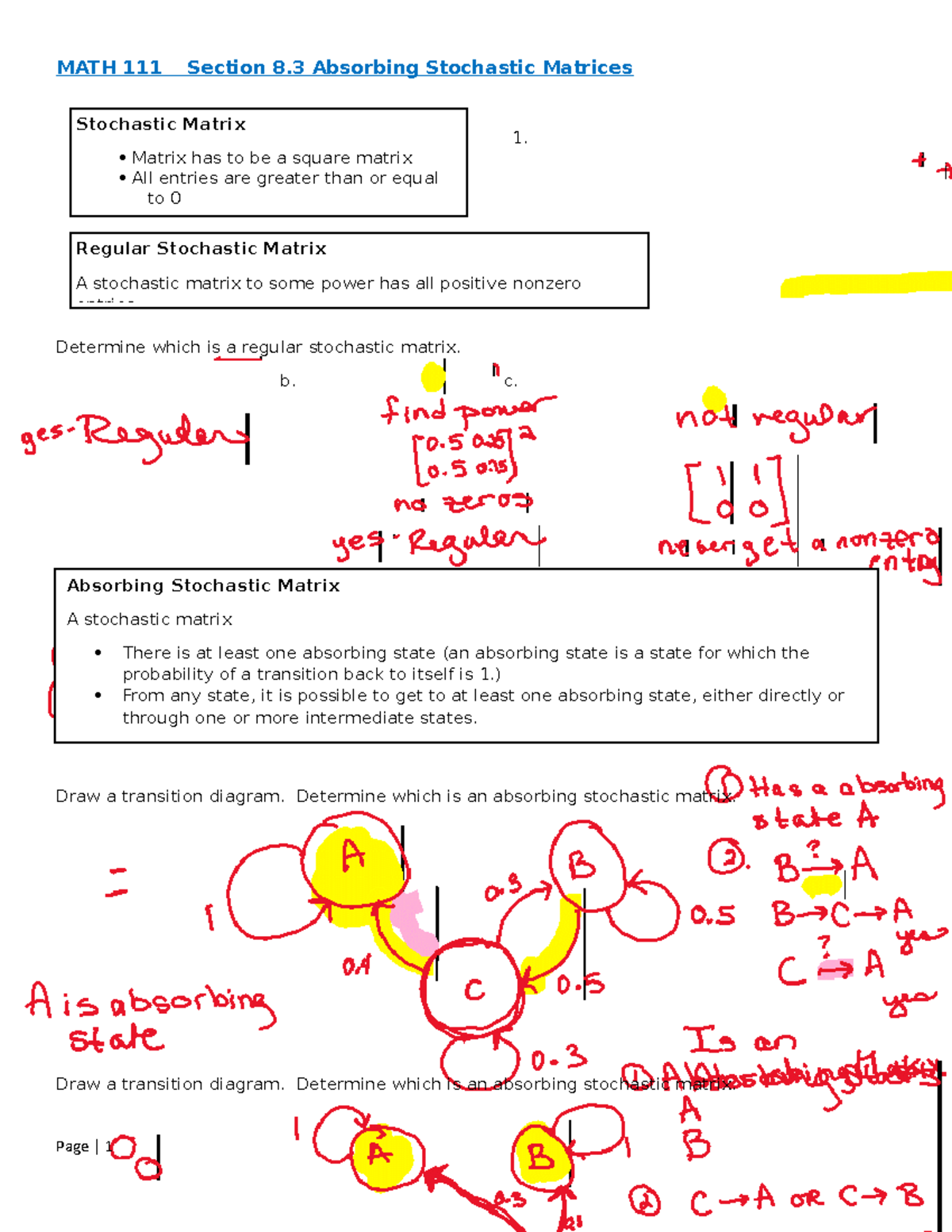 Section 8 3 Absorbing Stochastic Matrices Math 111 Section 8