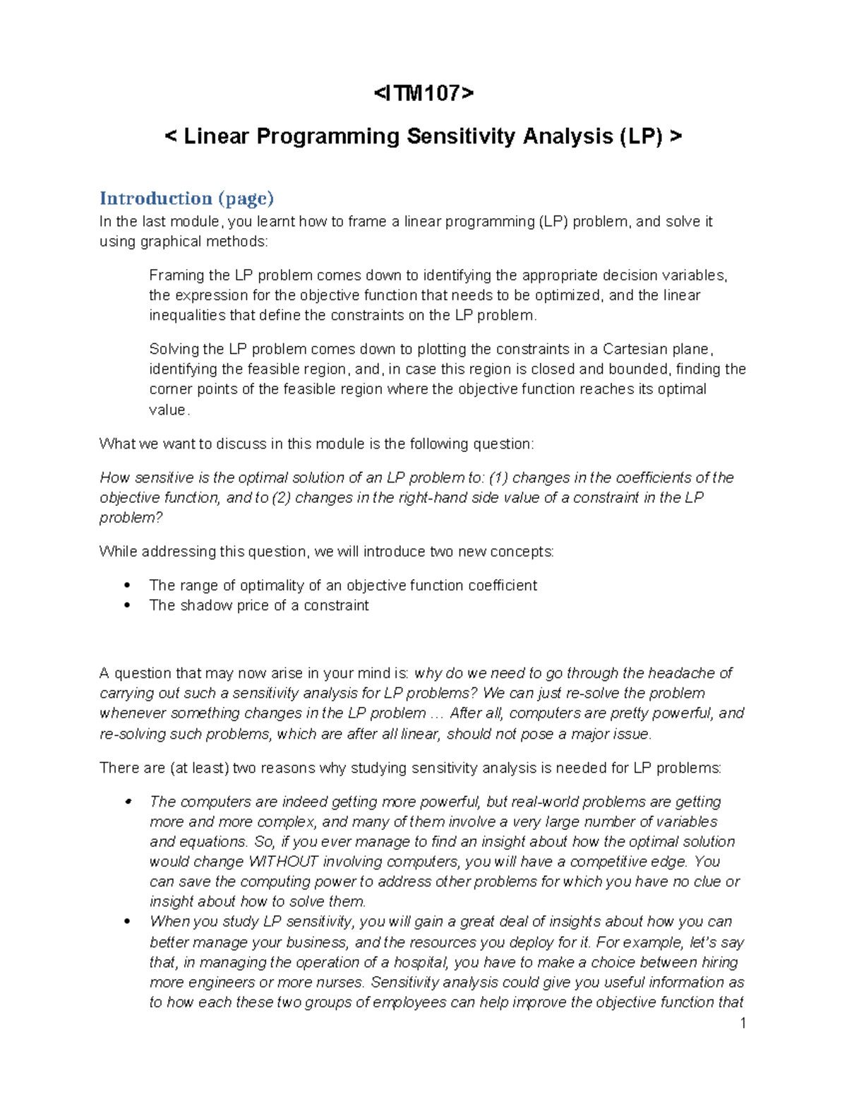 Module On Sensitivity Analysis CITM107 Ver2