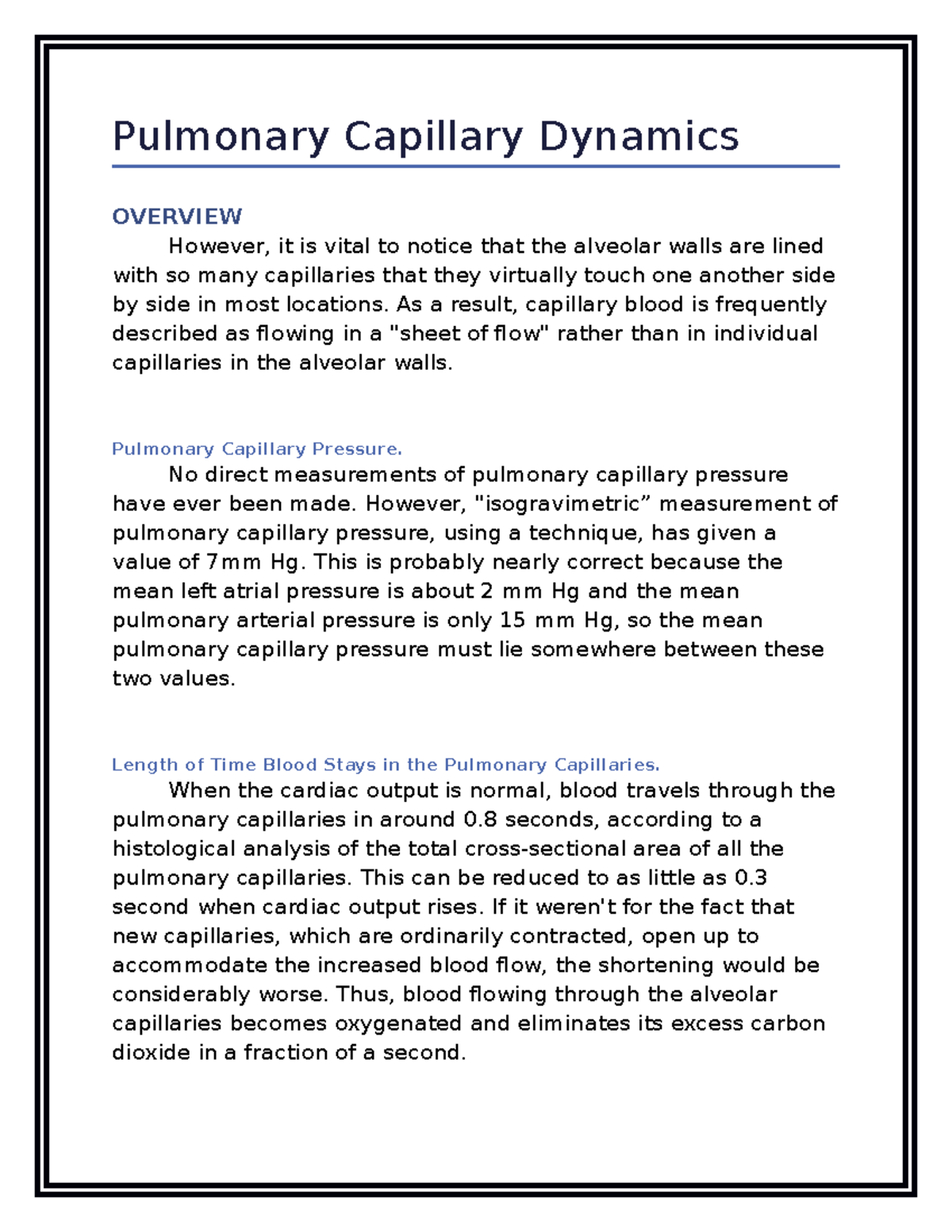 Overview OF Pulmonary Capillary Dynamics - Pulmonary Capillary Dynamics ...
