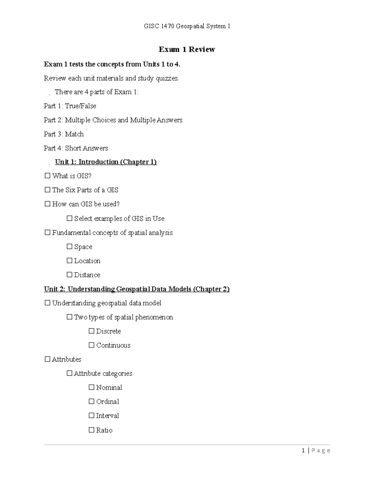 Exam 1 Review Checklist - Exam 1 Review Exam 1 tests the concepts from ...