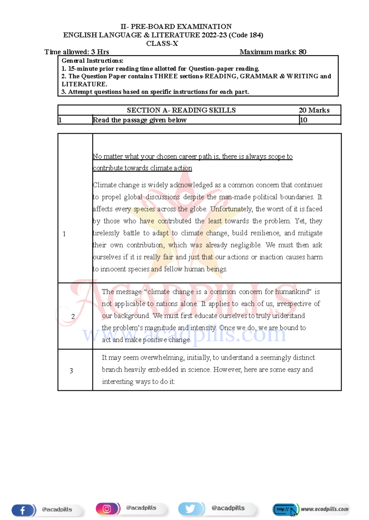 X English QP - important notes - II- PRE-BOARD EXAMINATION ENGLISH ...