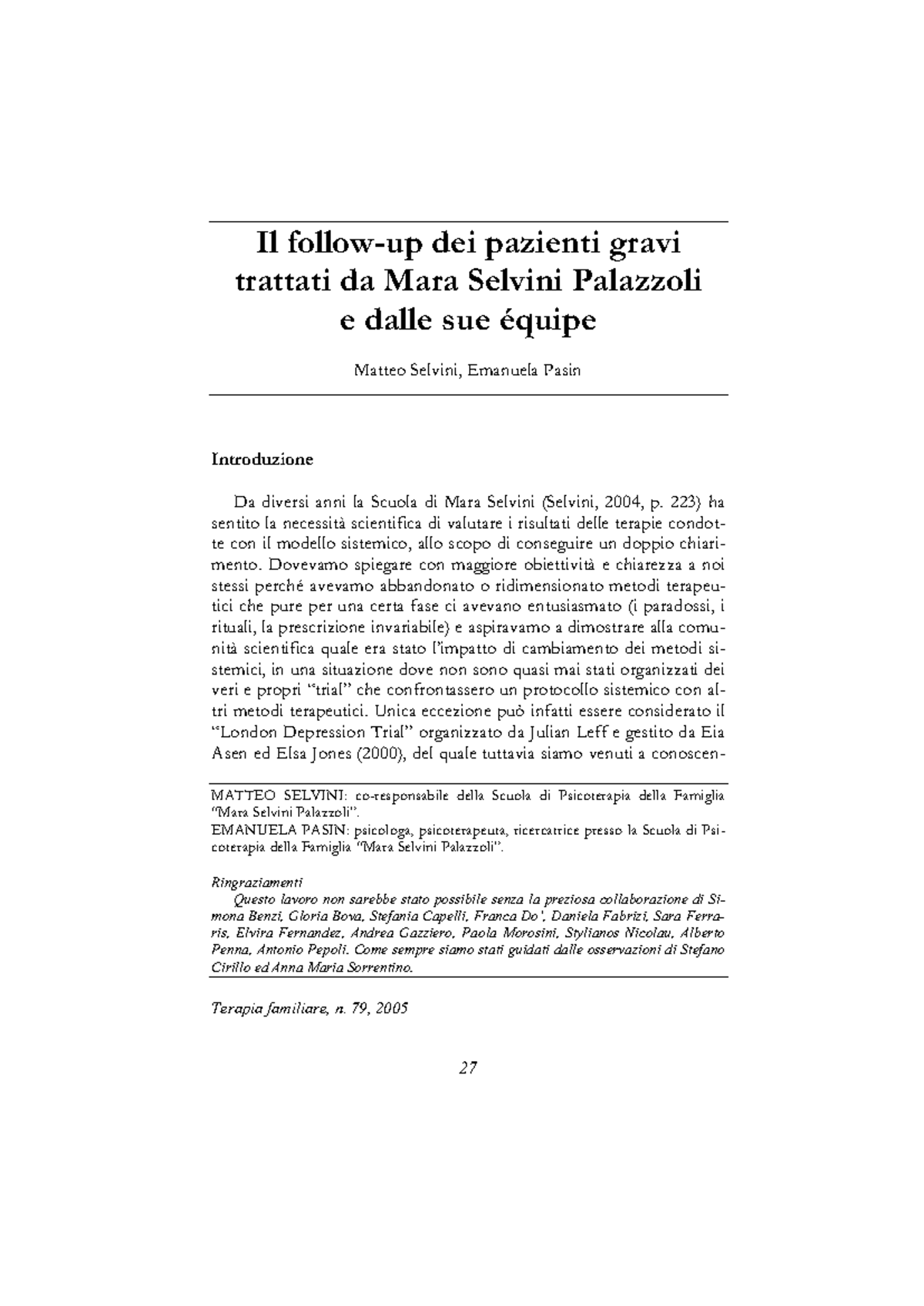 Selvini Terapia Familiare Sistemica - Il follow-up dei pazienti gravi ...