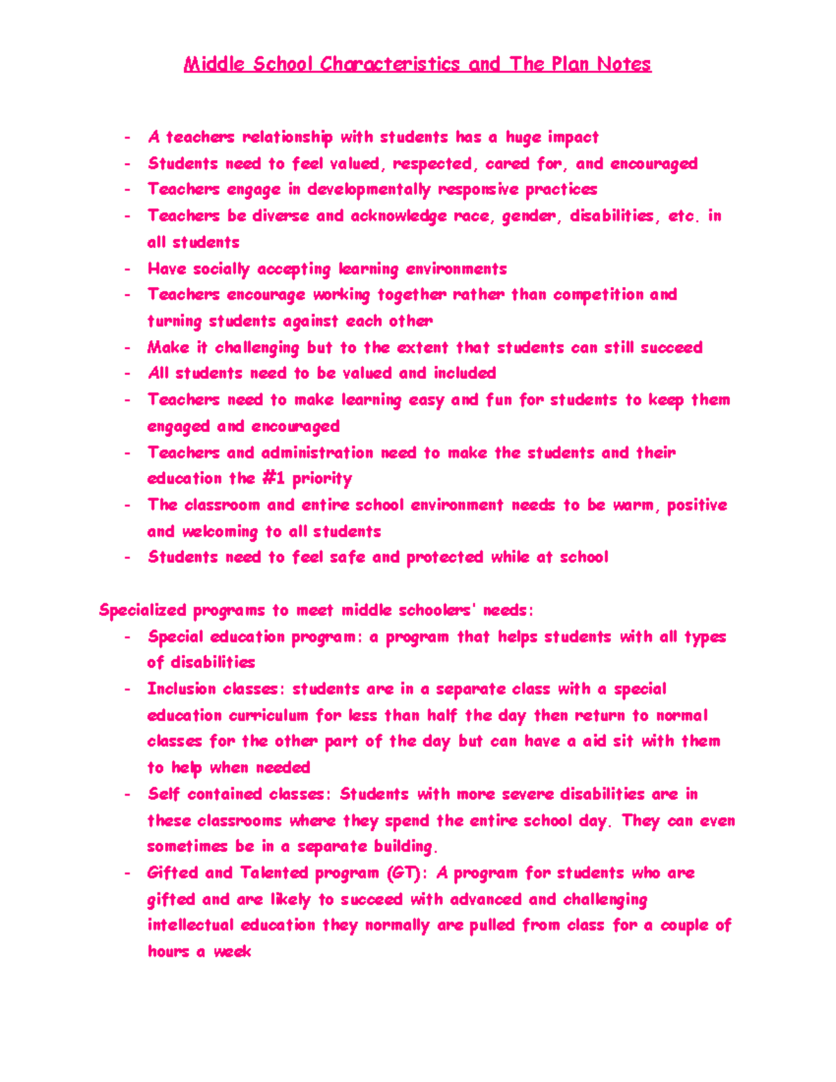 intro to MLED notes - Middle School Characteristics and The Plan Notes ...