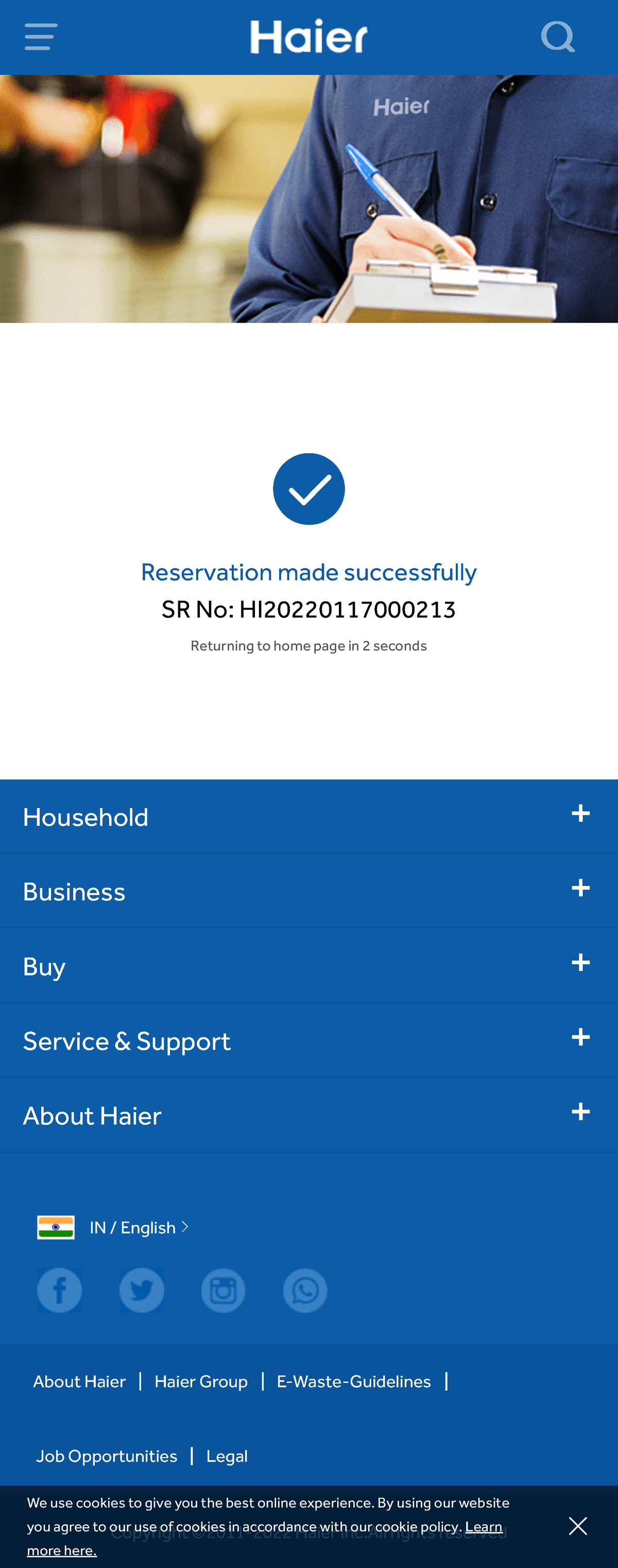 Haier Service Appointment-Haier India - Copyright ©2011-2022 Haier Inc ...
