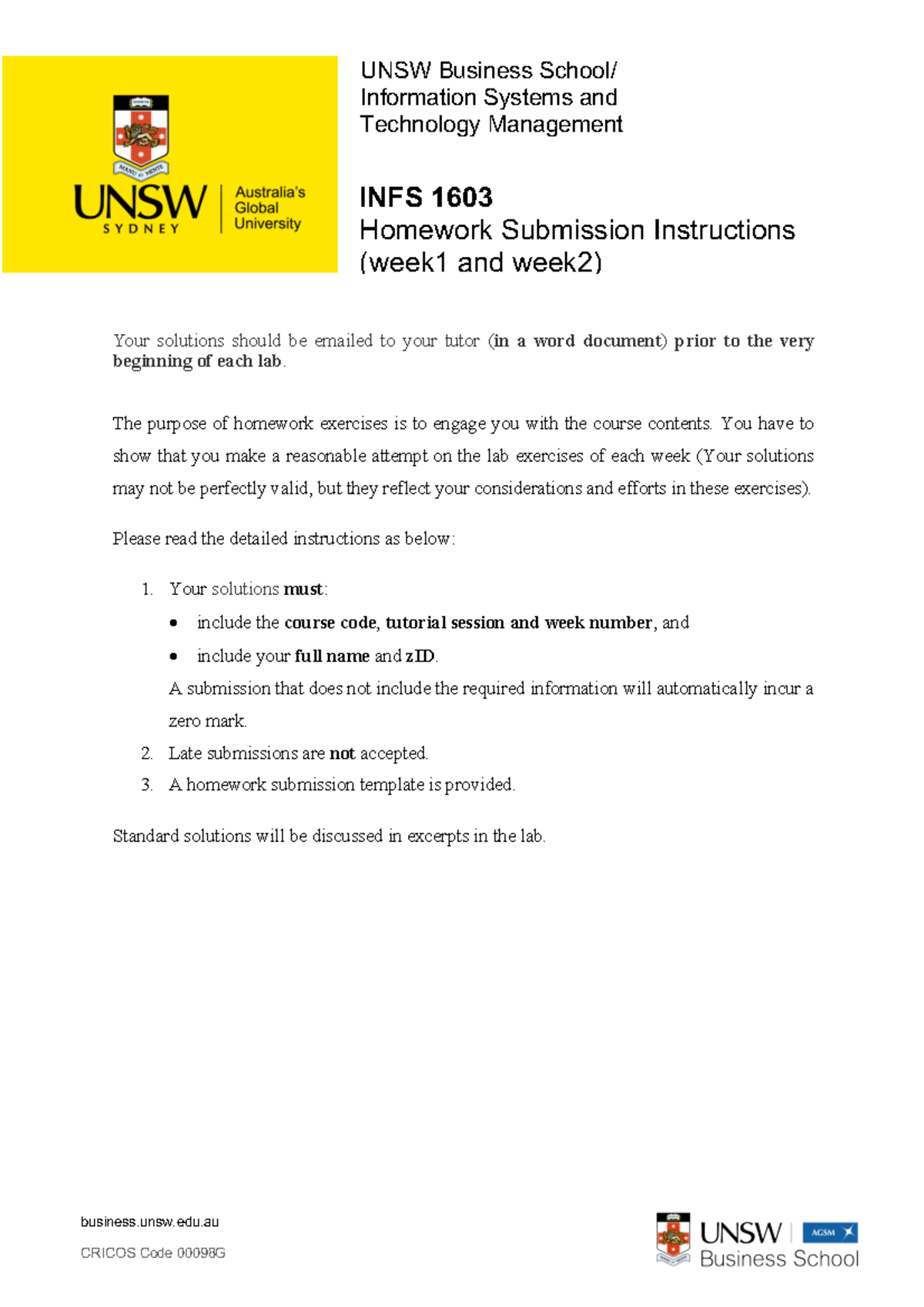 INFS1603 HW W1-2-F - UNSW Business School/ Information Systems and Technology Management INFS ...