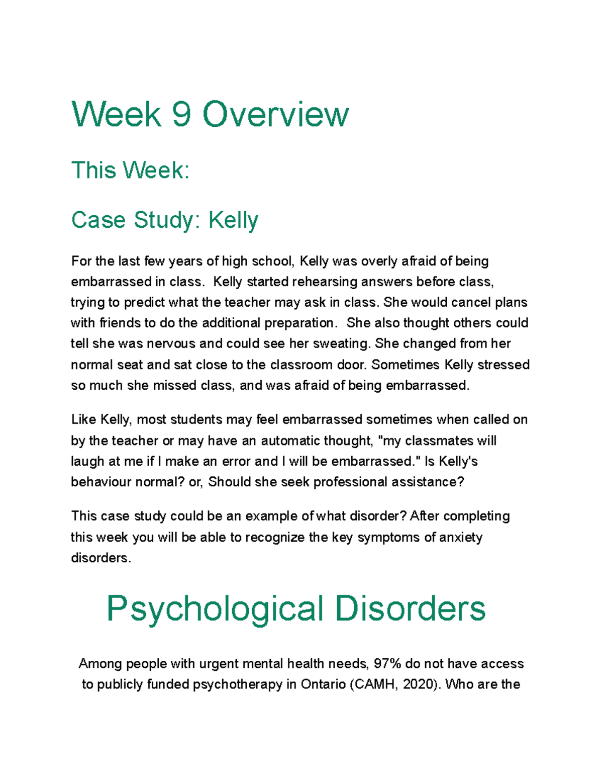 Week 9 Summary- Psychology - Psychological Disorders - Week 9 Overview ...