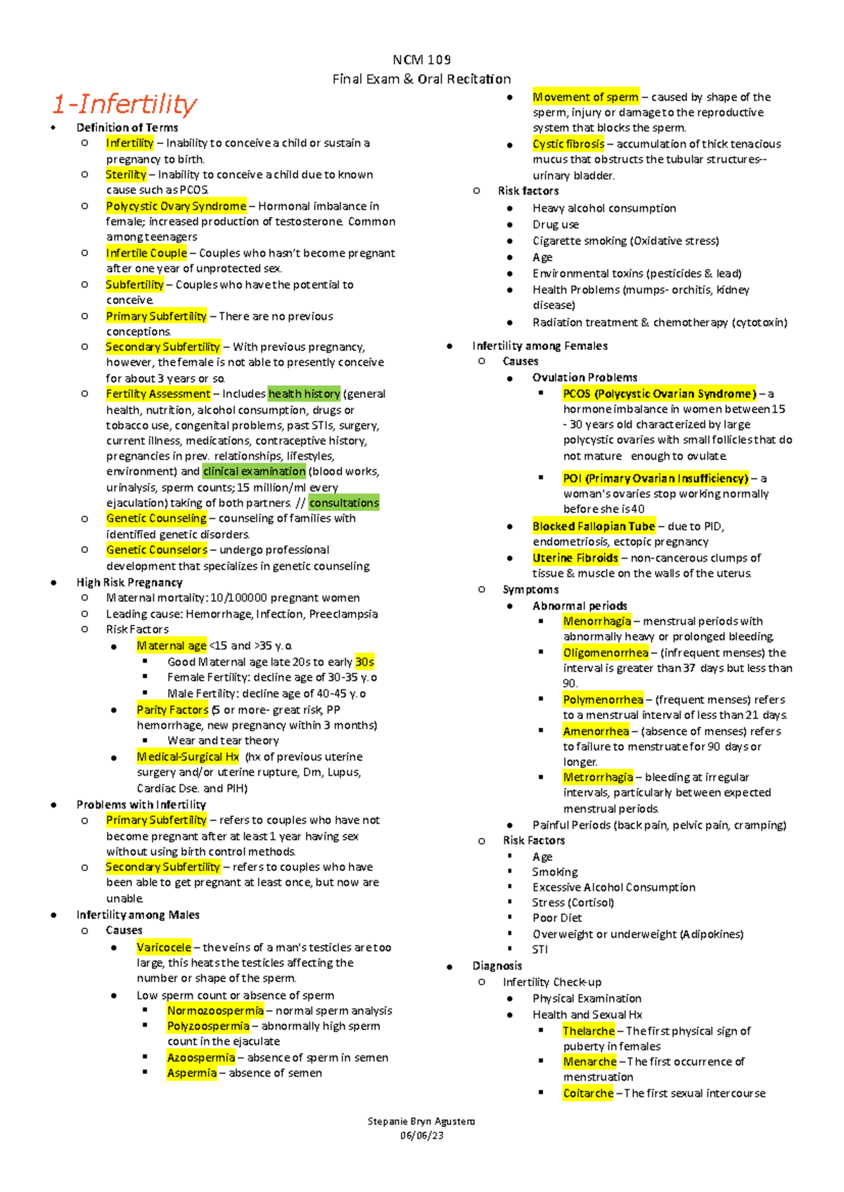 NCM 109 Reviewer Final Exam - Final Exam & Oral Recitation Stepanie ...