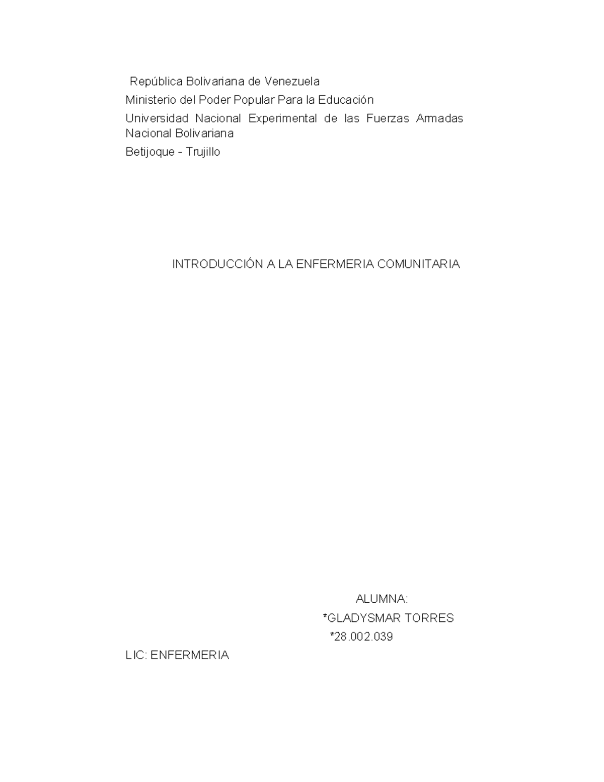 Introducción A LA Enfermeria Comunitaria - República Bolivariana de Venezuela Ministerio del ...