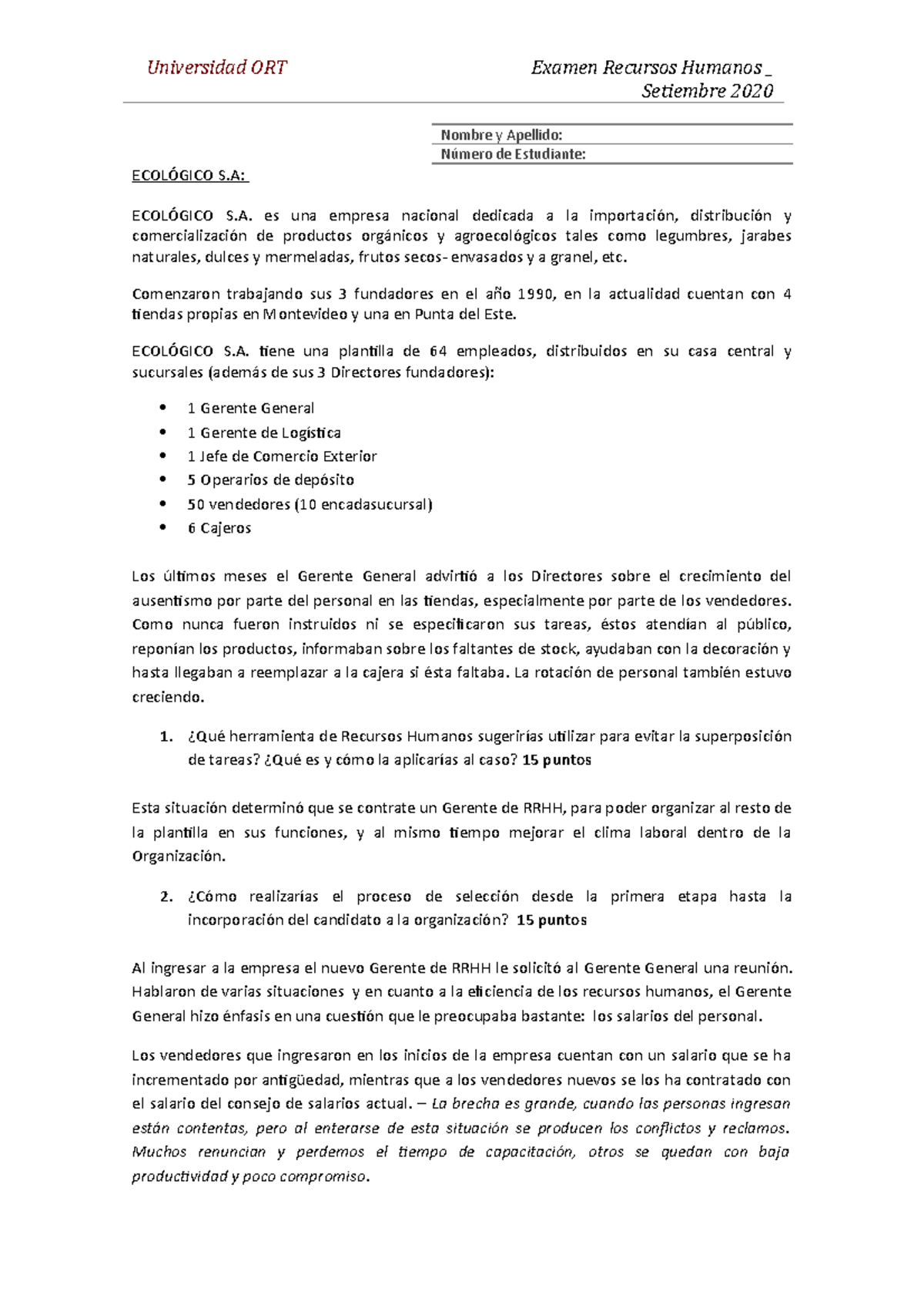 Examen Recursos Humanos Ecológico S A - Setiembre 2020 Nombre y ...