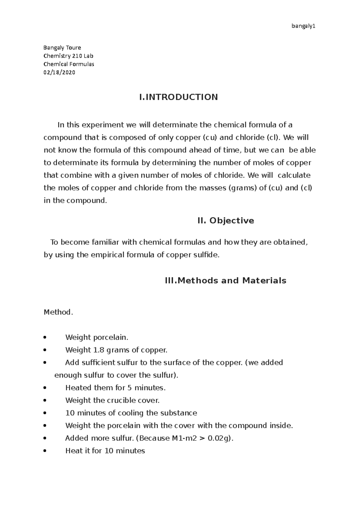 Lab report 5 - Bangaly Toure Chemistry 210 Lab Chemical Formulas 02/18 ...