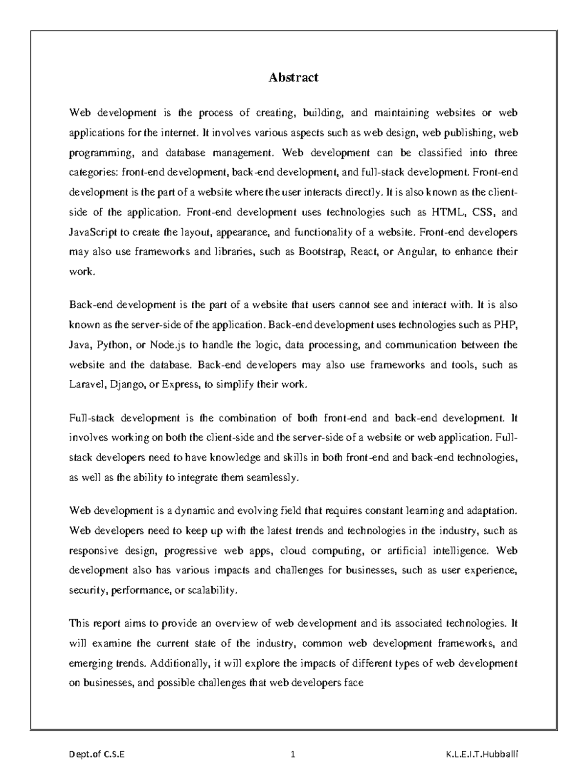 Internship report 5(5.1). final - Dept C.S 1 K.L.E.I.T Abstract Web ...