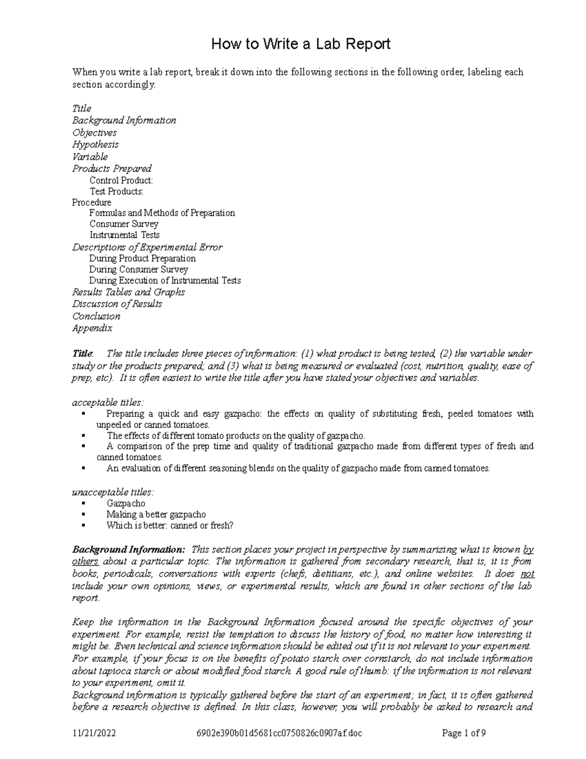 How To Write A Lab Report Title Background Information Objectives 