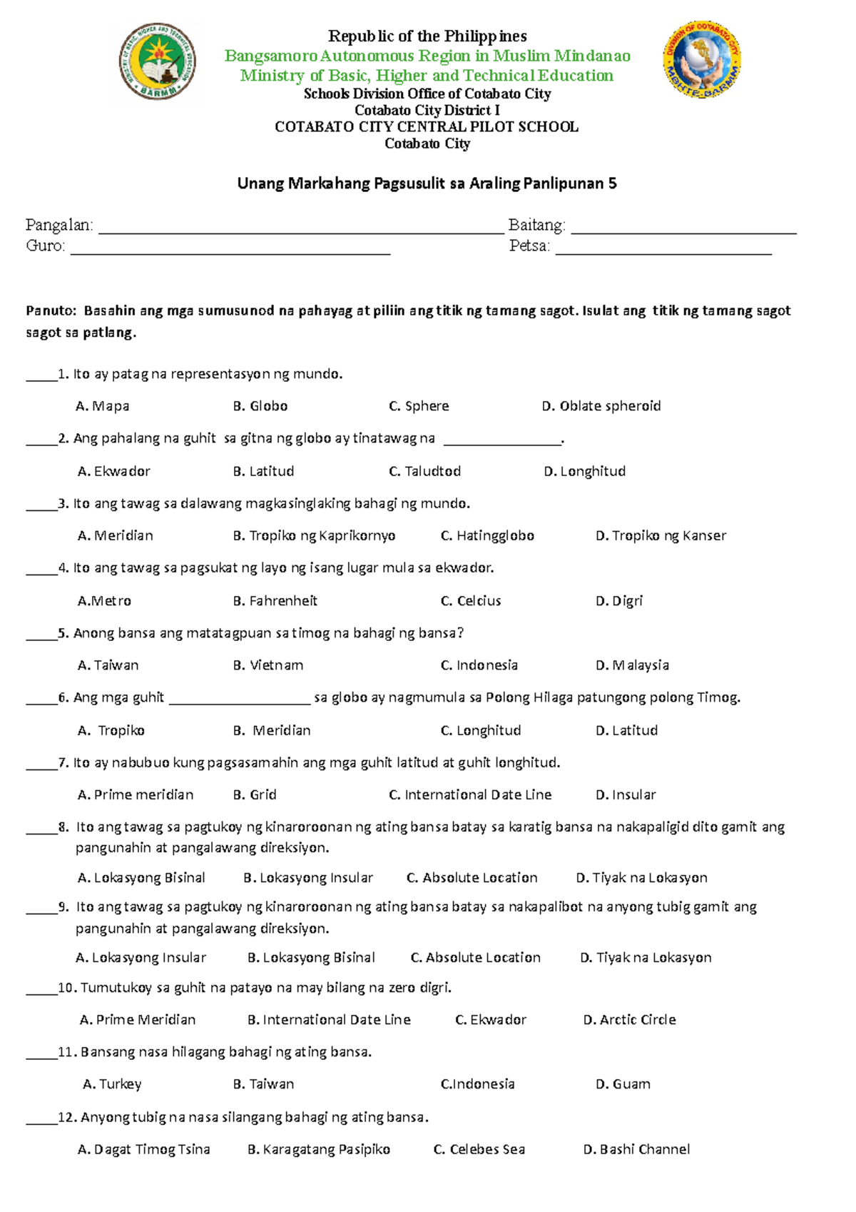 1ST Periodical TEST Araling Panlipunan 2023 - Republic of the ...