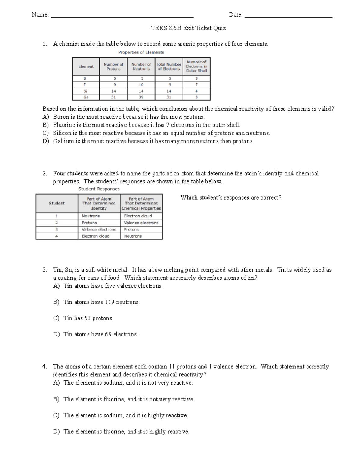 8.5B Staar Aligned Exit Ticket Quiz - Name ...