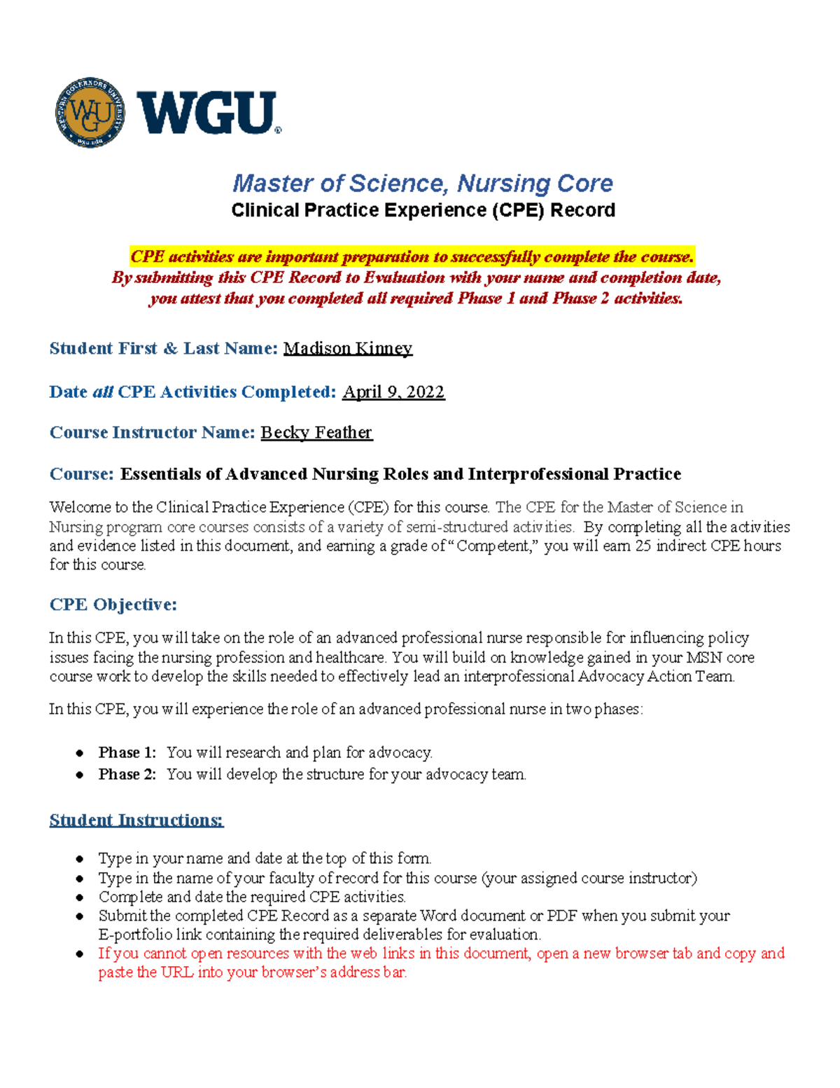 CPE Record - Master of Science, Nursing Core Clinical Practice ...