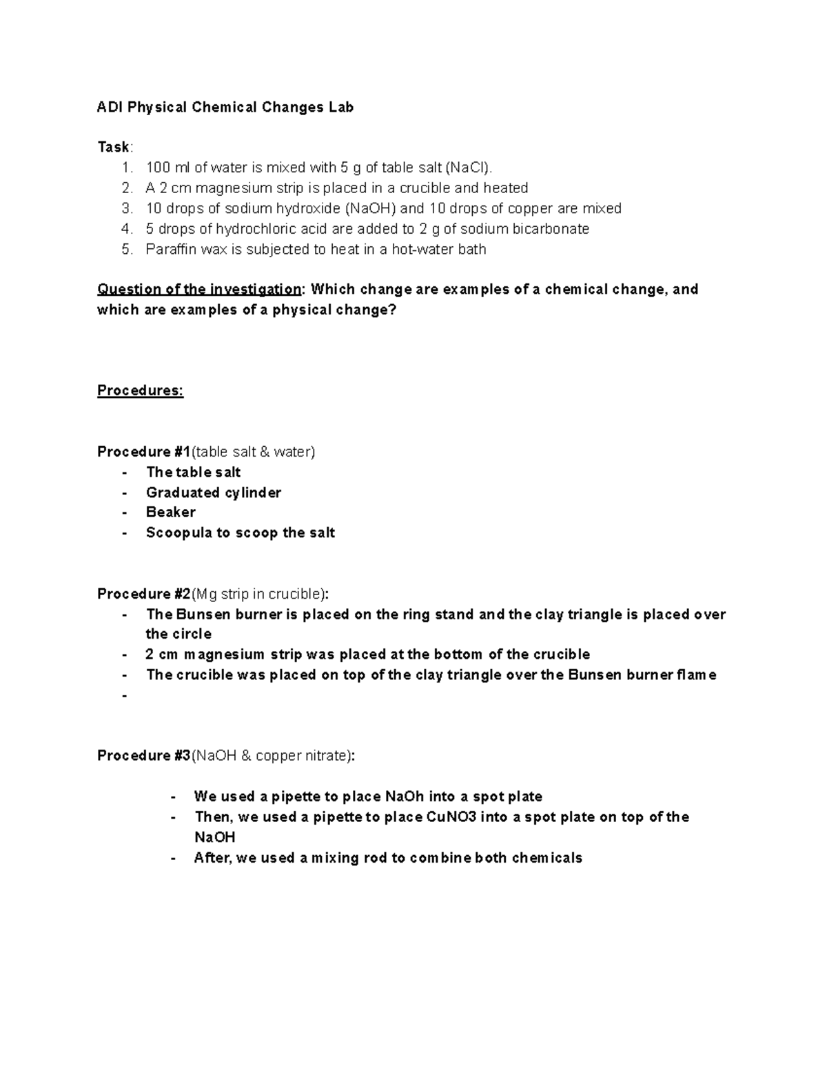 ADI Physical Chemical Changes Lab Notes - ADI Physical Chemical Changes ...