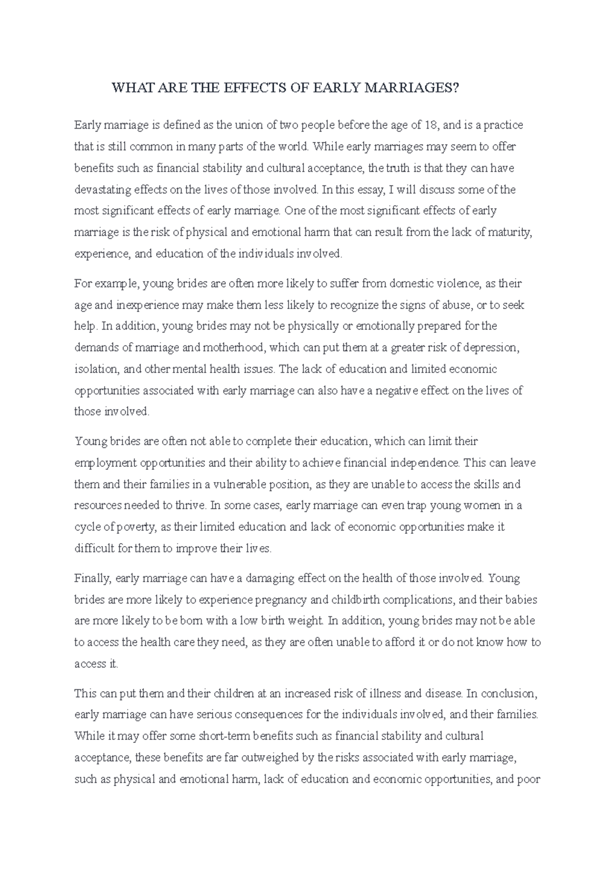 WHAT ARE THE Effects OF Early Marriages - WHAT ARE THE EFFECTS OF EARLY ...