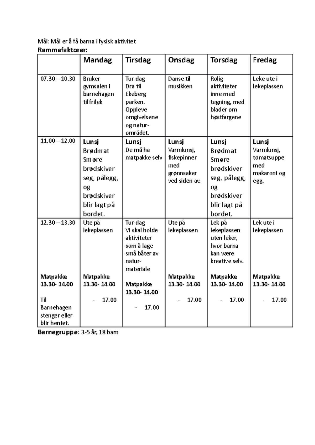Ukesplan for Barnehage - Mål: Mål er å få barna i fysisk aktivitet ...