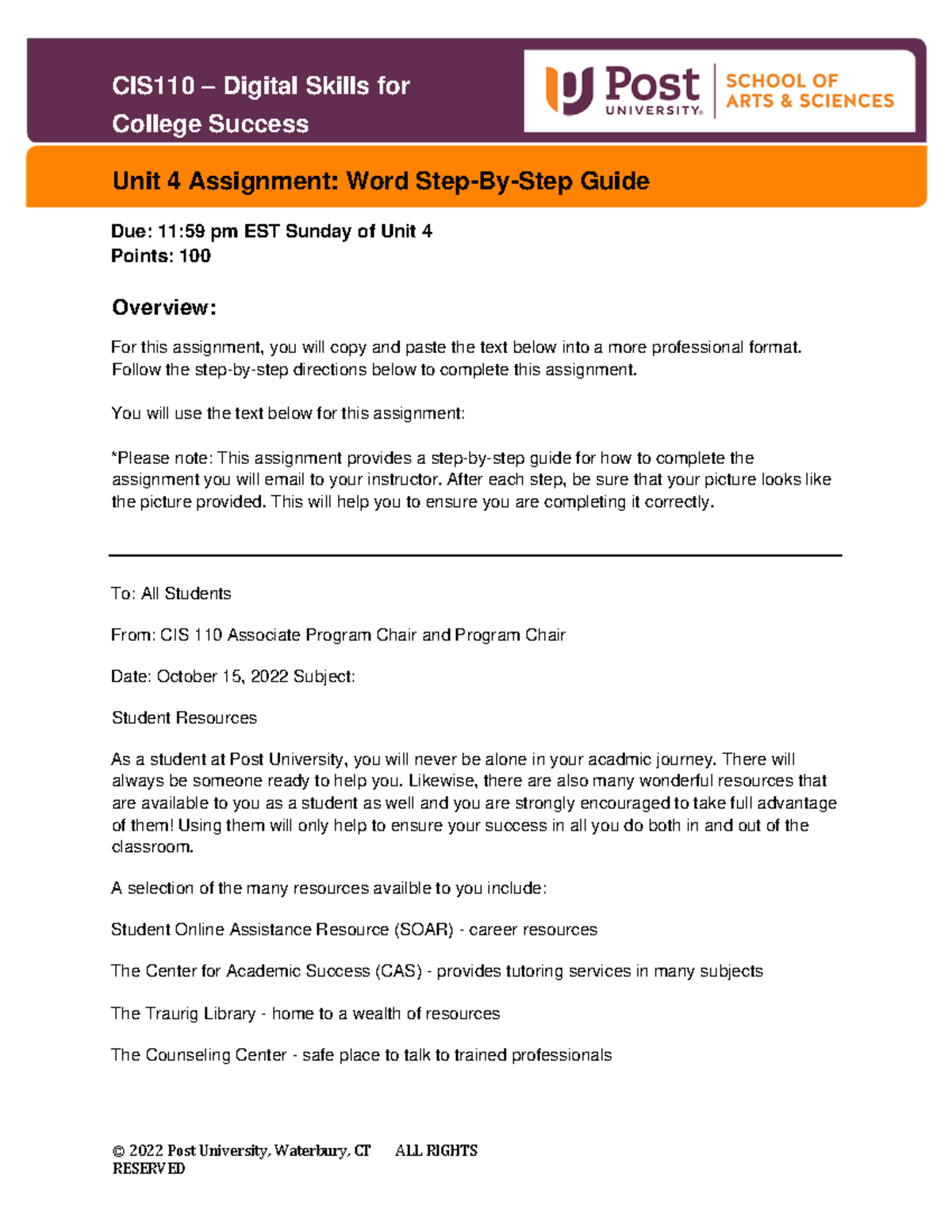 CIS110 Unit 4 Word Step-By-Step Guide - © 2022 Post University, Waterbury, CT ALL RIGHTS Due: 11 ...