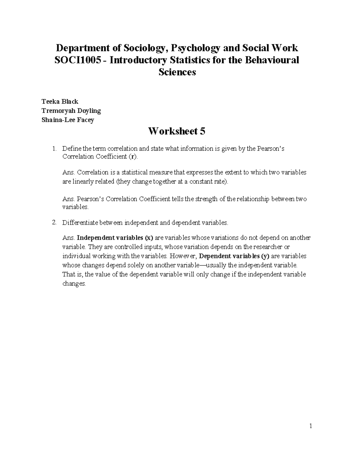 Worksheet Activity For Tutorial Week Five - Introduction to Statistics ...