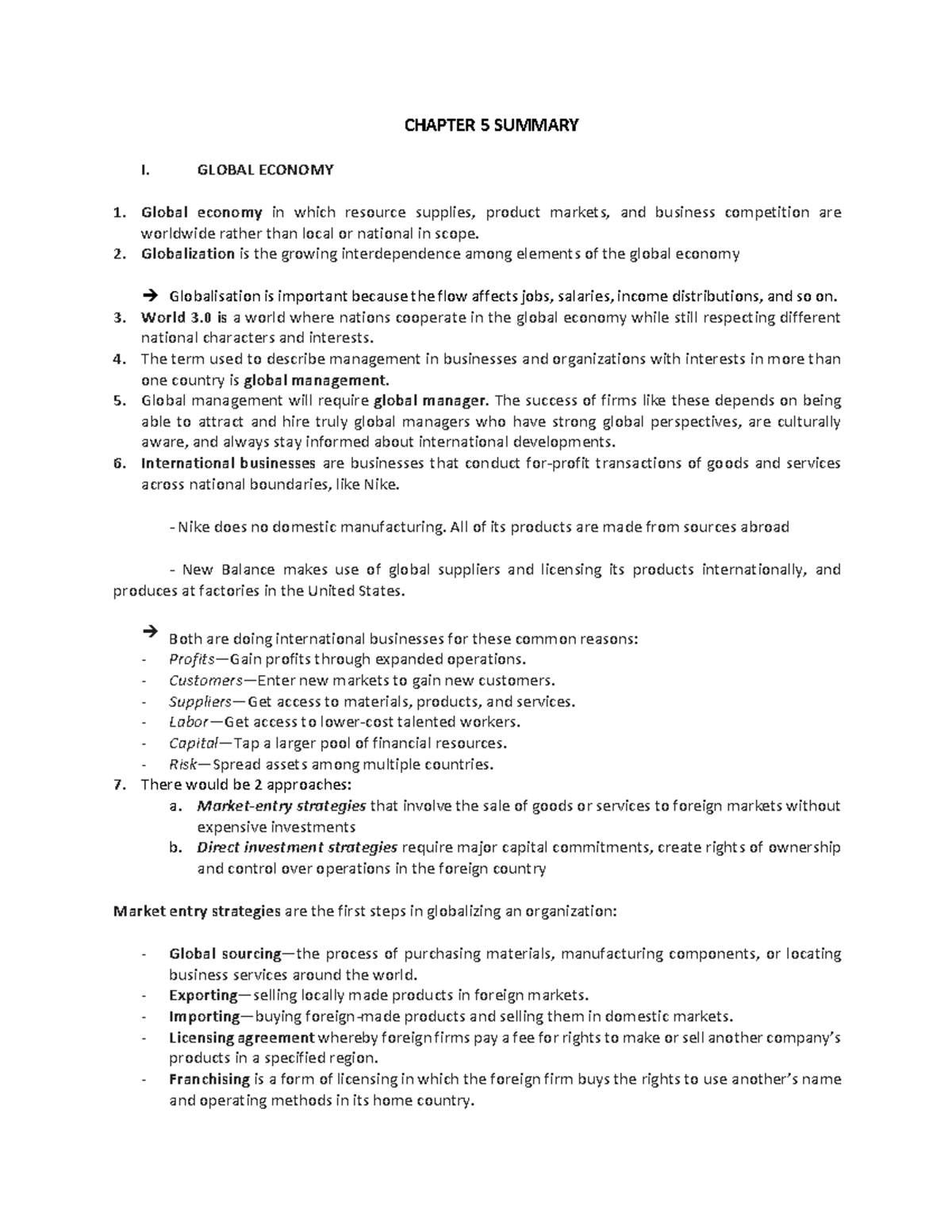 Chapter 5 summary - CHAPTER 5 SUMMARY I. GLOBAL ECONOMY Global economy ...